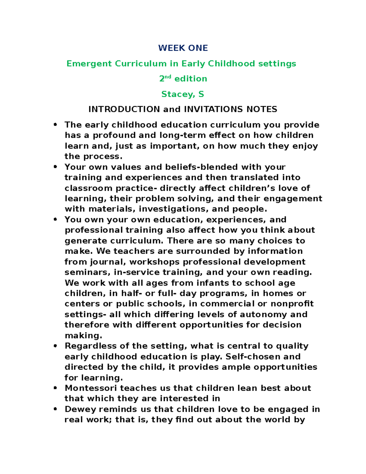 Introduction AND Invitations- week 1 - WEEK ONE Emergent Curriculum in ...