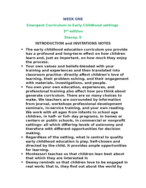Chapter ONE week 1 - WEEK ONE Emergent Curriculum in Early Childhood ...