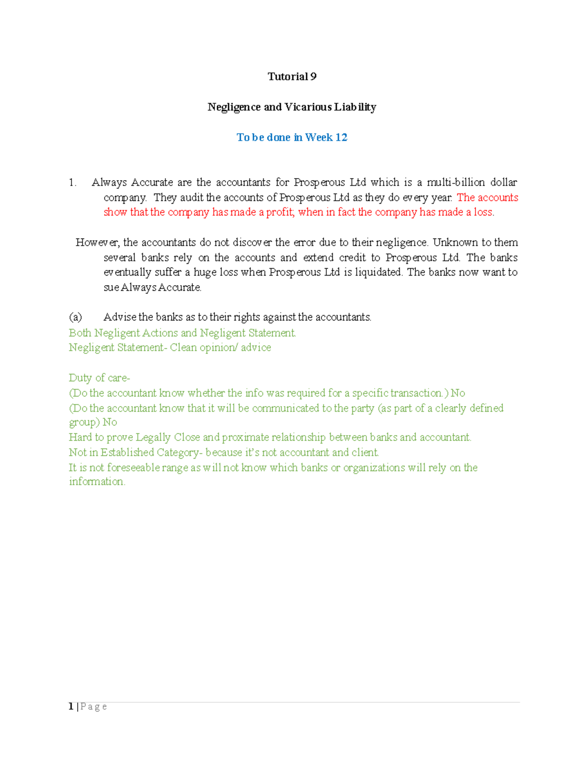 O BSP1702 - Tutorial 9 (Jul 2022) - Tutorial 9 Negligence and Vicarious Liability To be done in ...