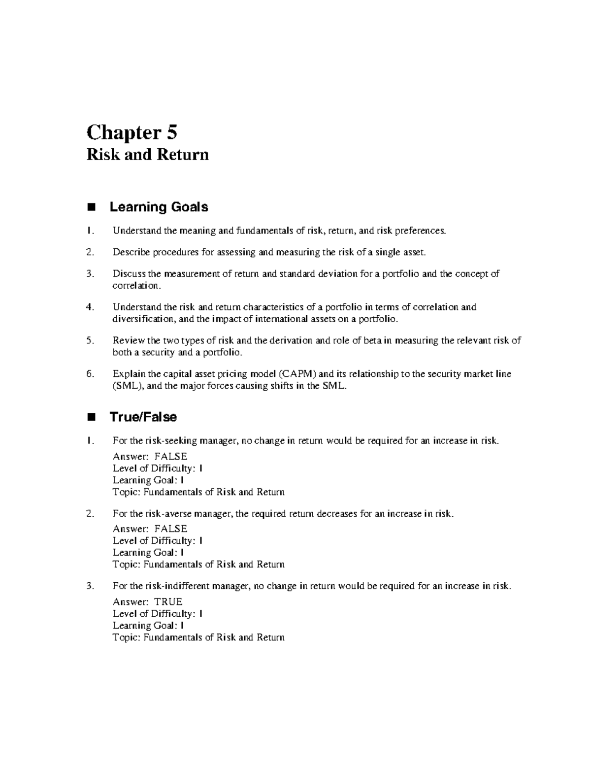 Risk and Return by gitman - Chapter 5 Risk and Return Learning Goals Understand the meaning and ...
