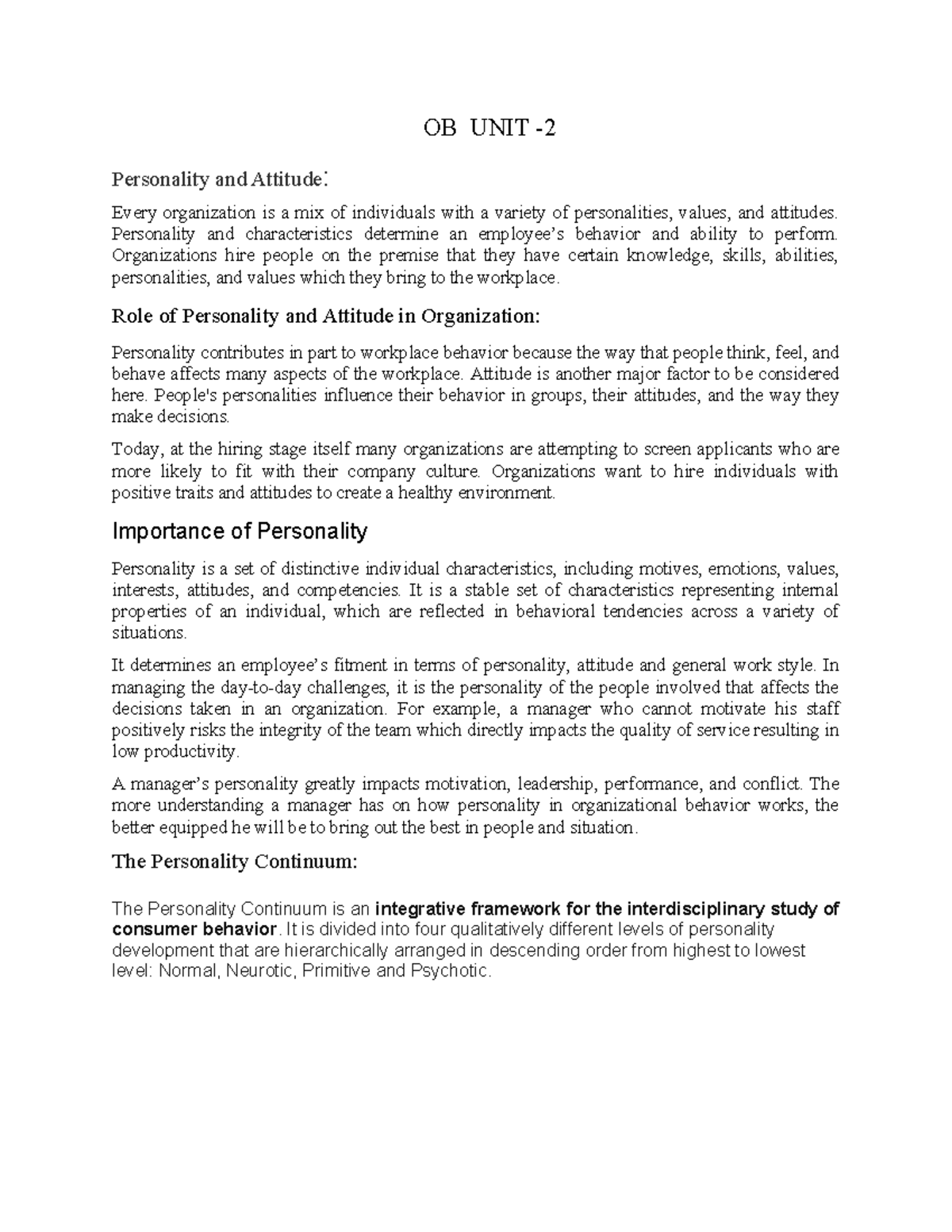 OB UNIT-2 - ####### OB UNIT - Personality and Attitude: Every organization is a mix of ...