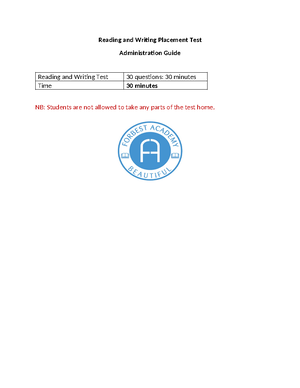Grade 2 Placement Test - 1122 - Reading and Writing Placement Test: (45 ...