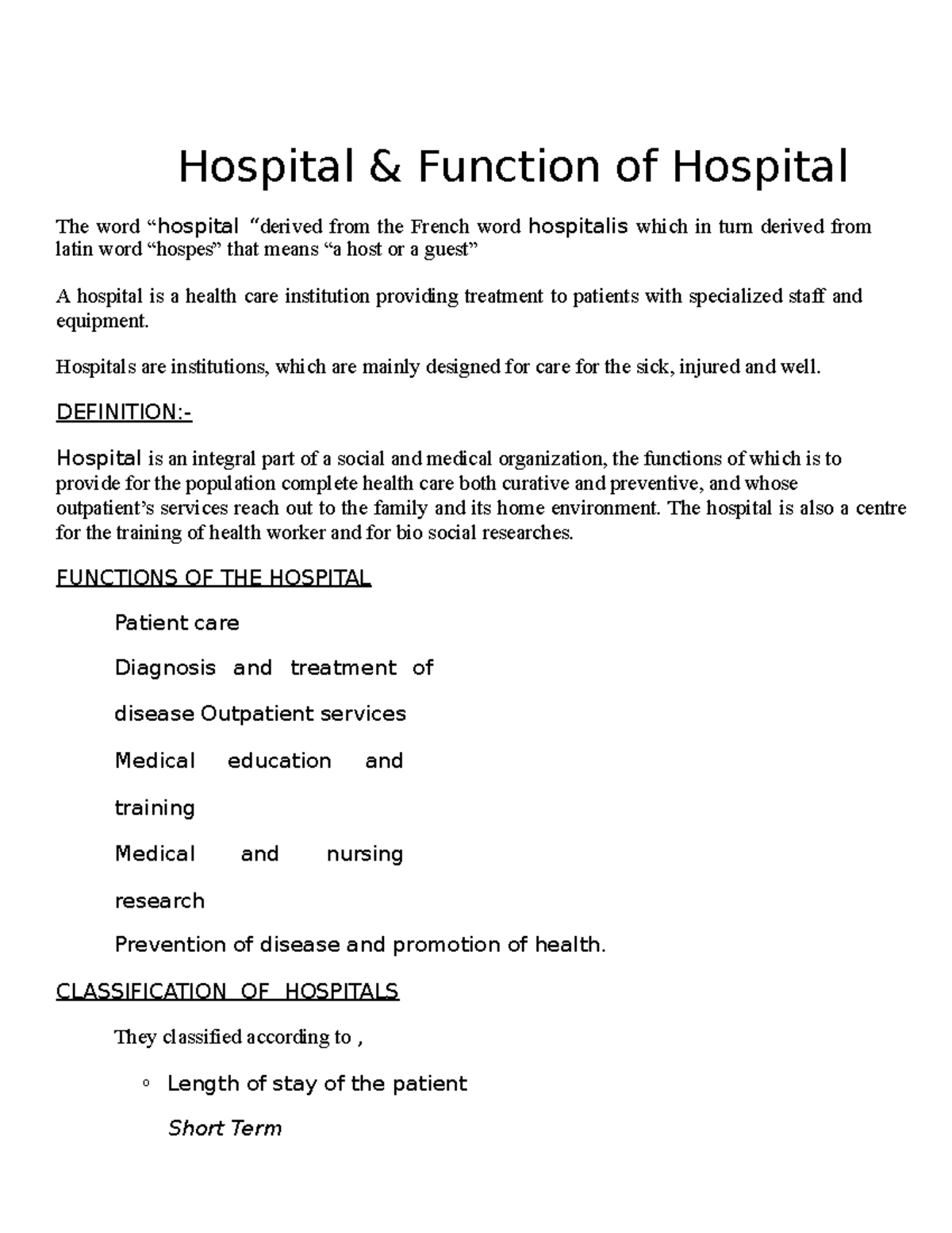 Chapter - 8 Hospital - Hospital & Function of Hospital The word ...