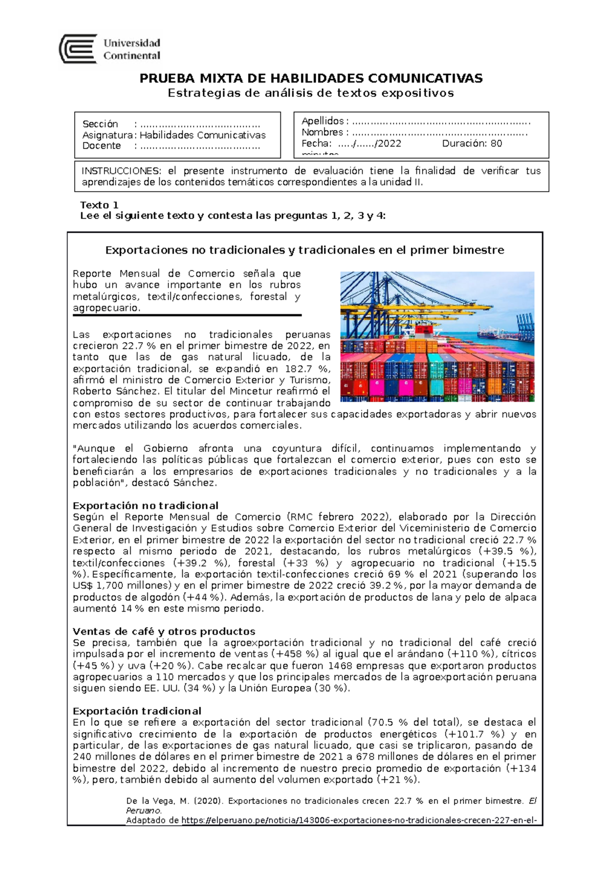 Prueba de comprensión de textos escritos Unidad 2- Docente - PRUEBA ...