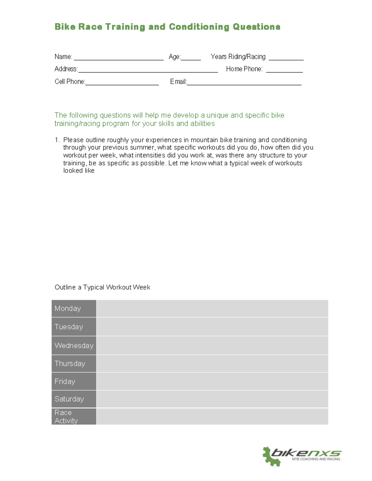 Trail Fit Training Questionaire v - Bike Race Training and Conditioning ...