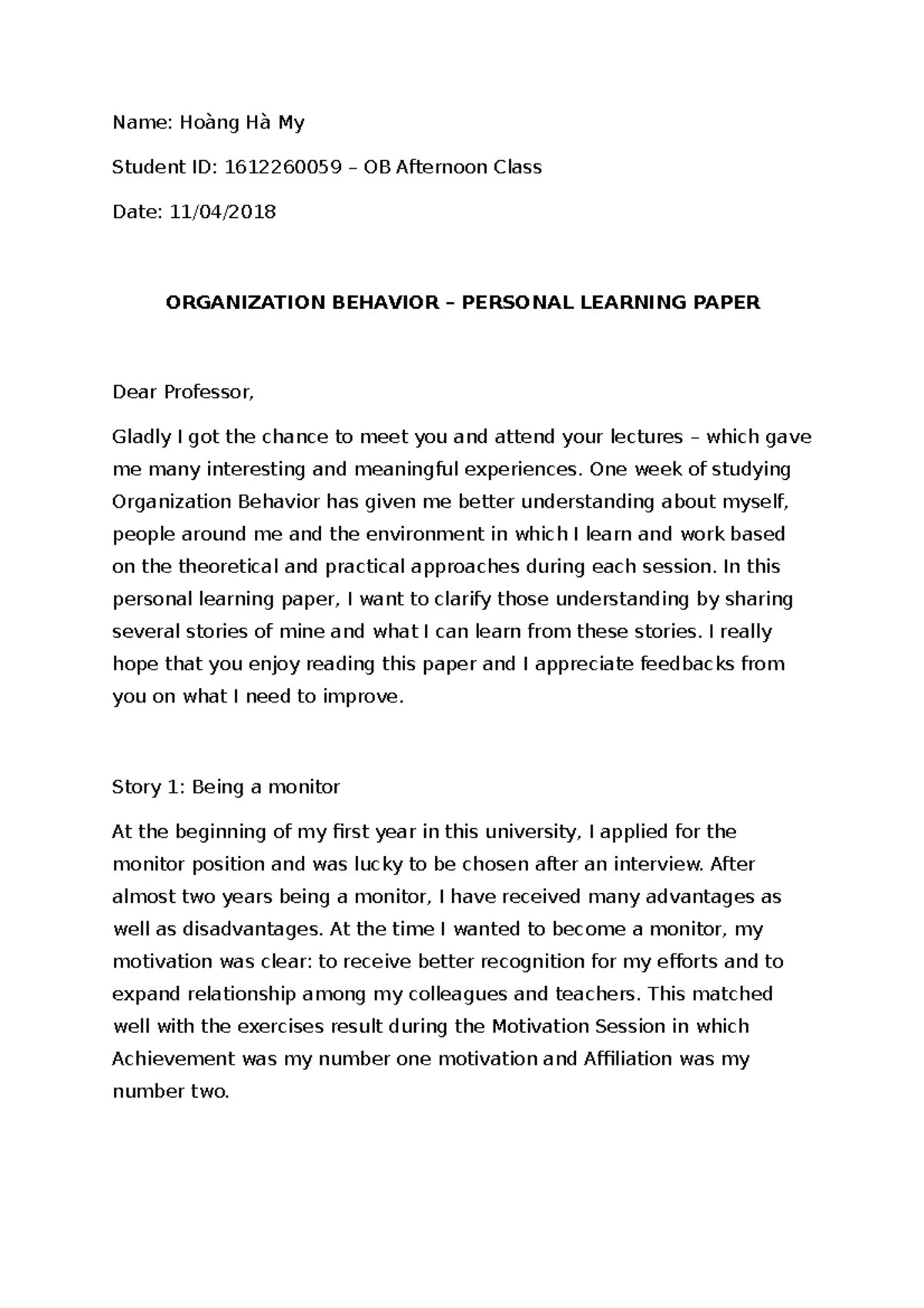 Personal learning paper - Name: My Student ID: 1612260059 OB Afternoon ...