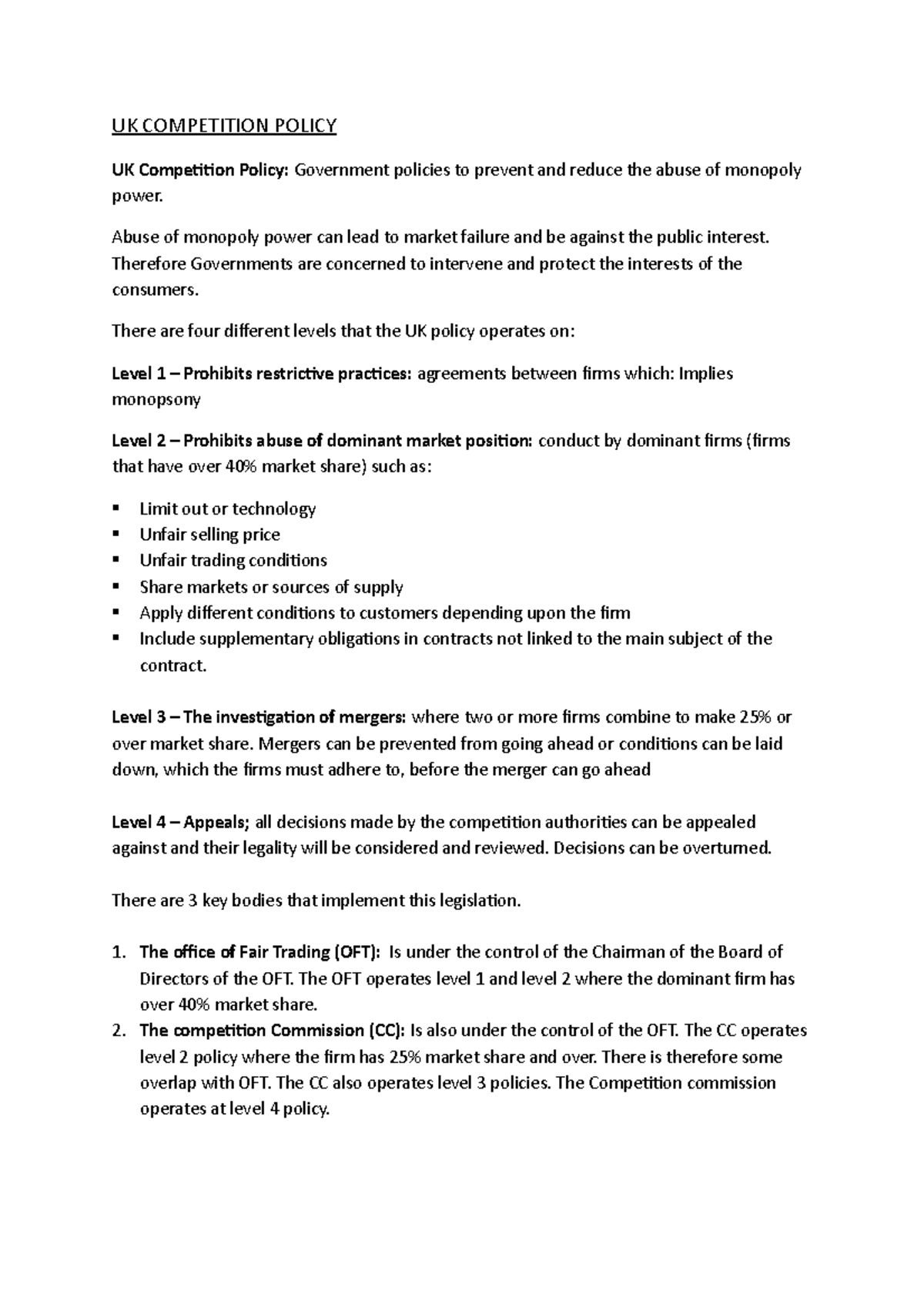 UK Competition Policy - LECTURE NOTES - UK COMPETITION POLICY UK ...