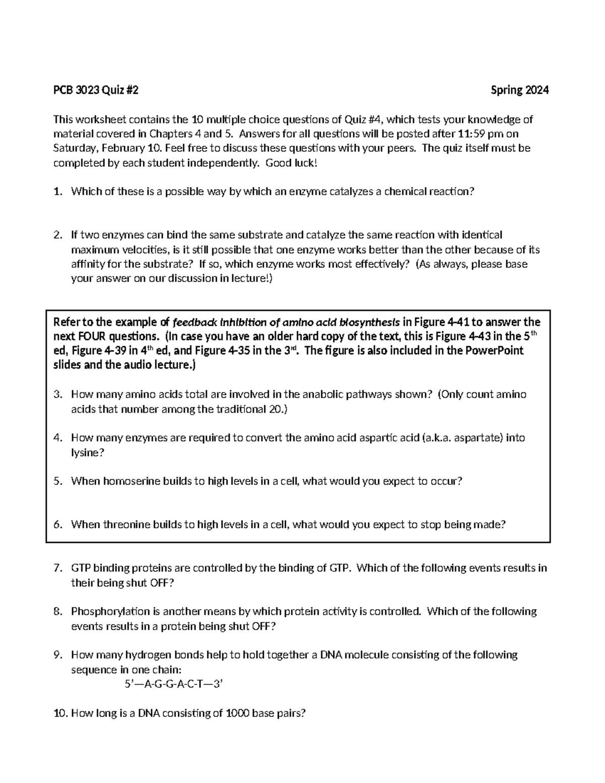 PCB 3023 Quiz #4 worksheet Spring 2024 - PCB 3023 Quiz #2 Spring 2024 ...