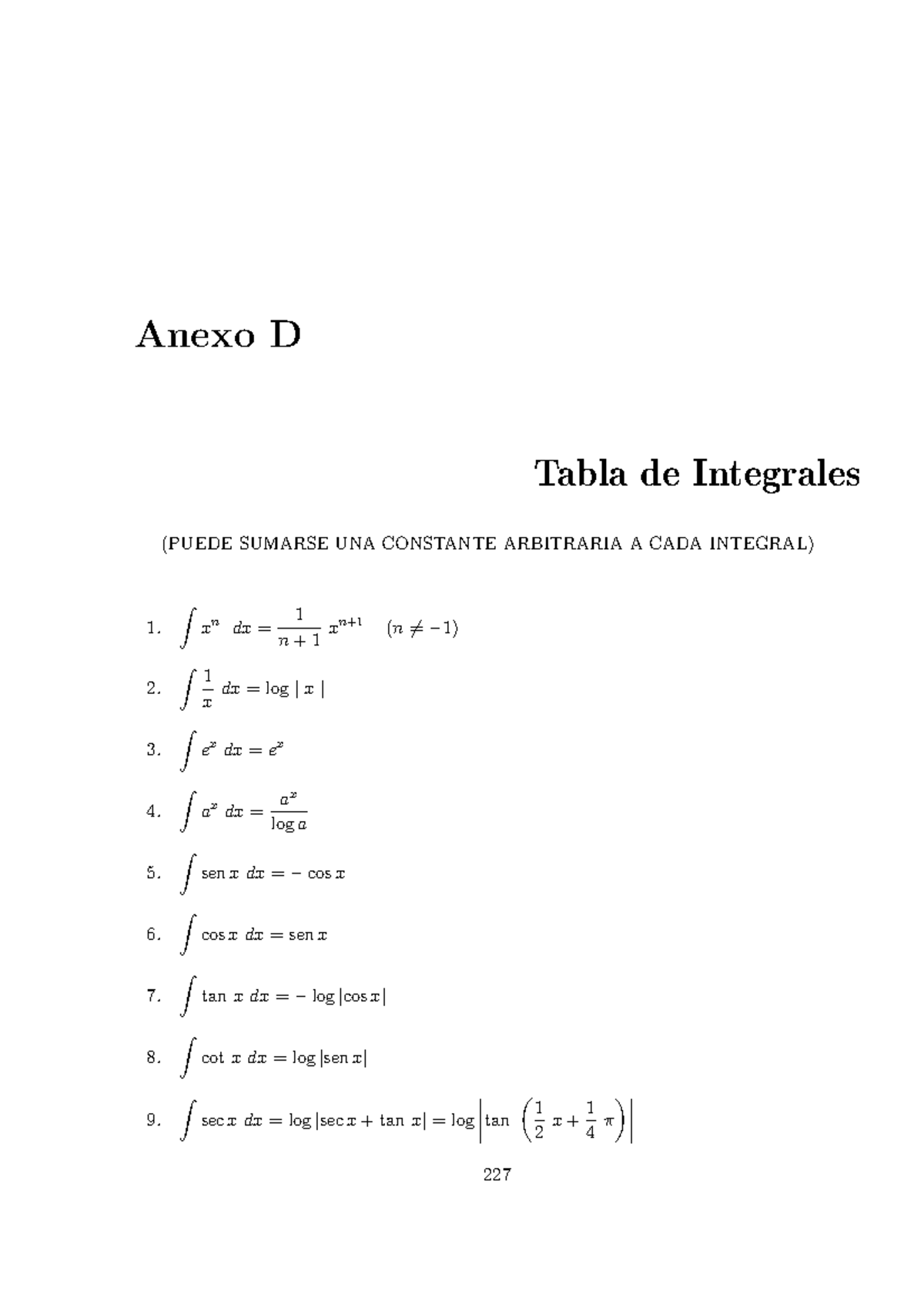 Tabla de integrales calculo 2 (catedra unica) - Anexo D Tabla de ...
