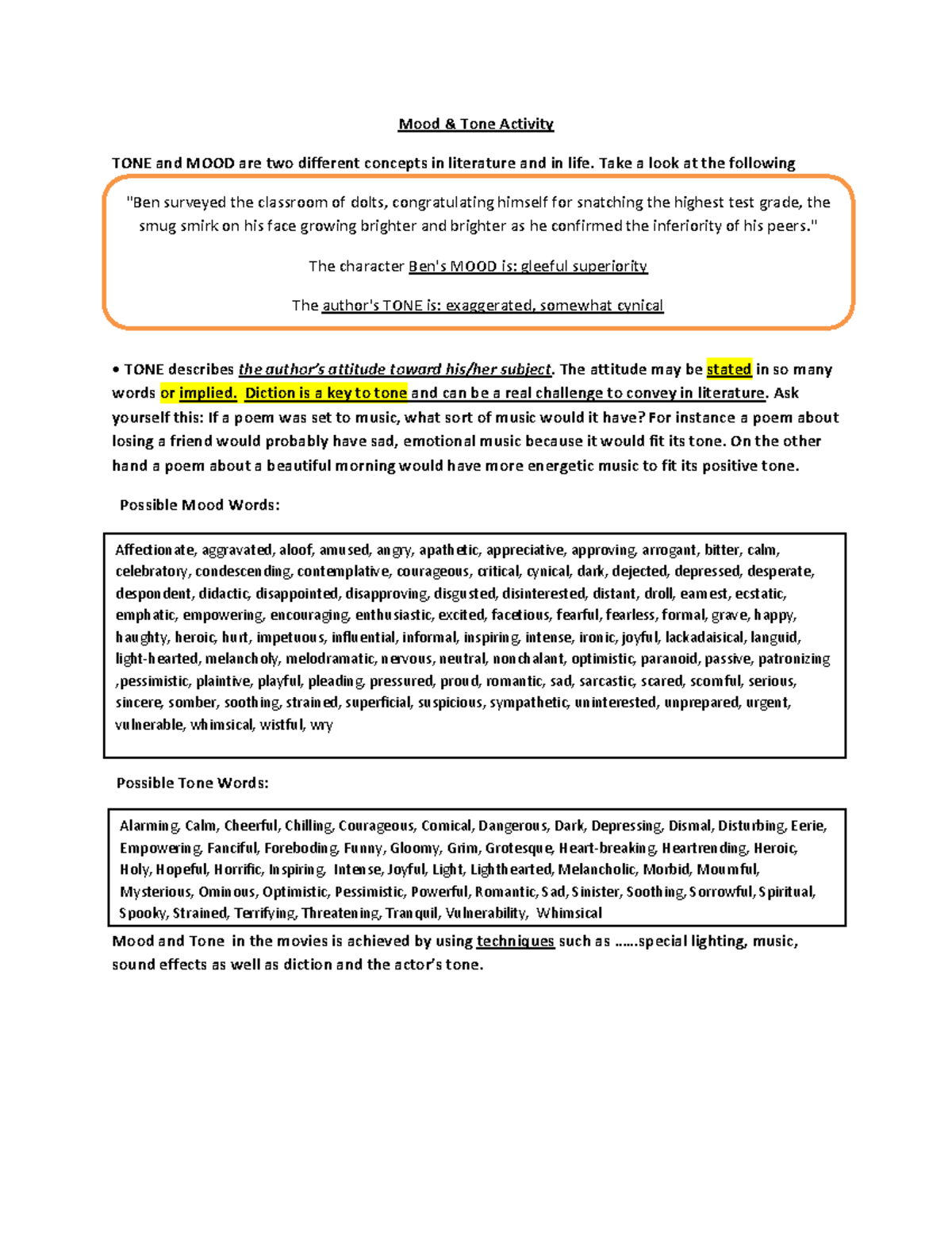 Mood and tone in the movies activity newest - Mood & Tone Activity TONE ...