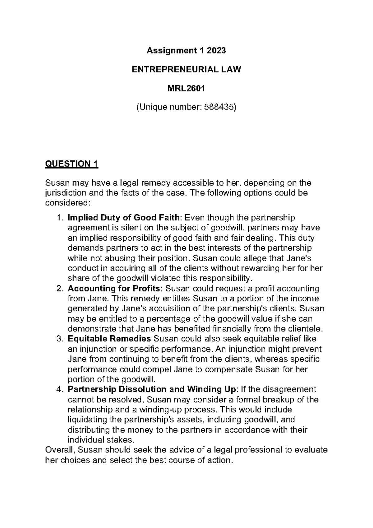 Assignment 1 2023 - Assignment 1 2023 ENTREPRENEURIAL LAW MRL (Unique number: 588435) QUESTION 1 ...