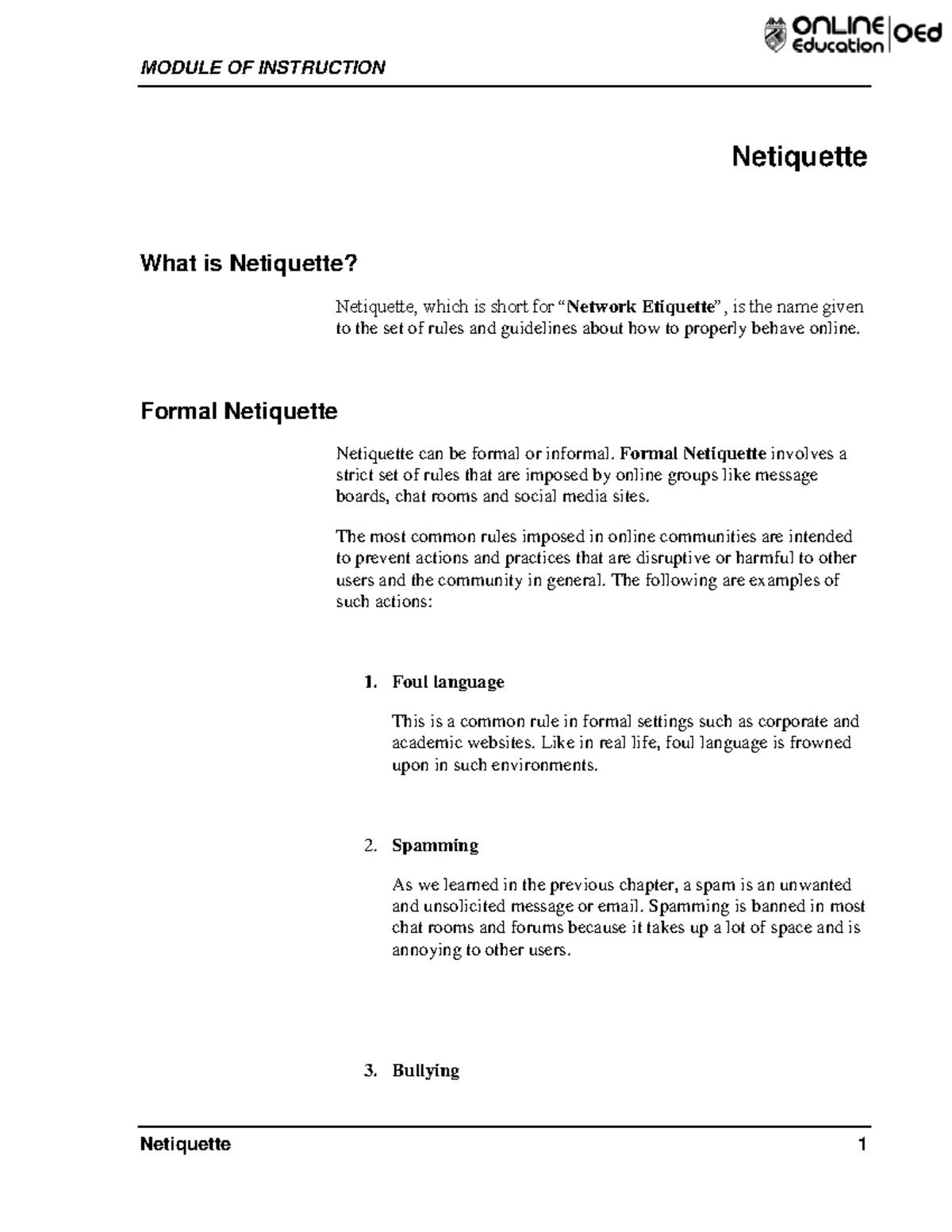 Week 003-Module Netiquette - MODULE OF INSTRUCTION Netiquette 1 ...