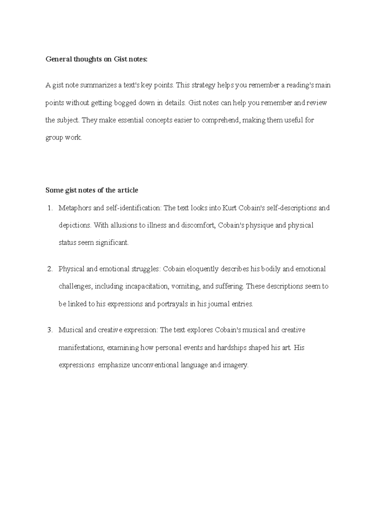 Gist Notes - General thoughts on Gist notes: A gist note summarizes a ...