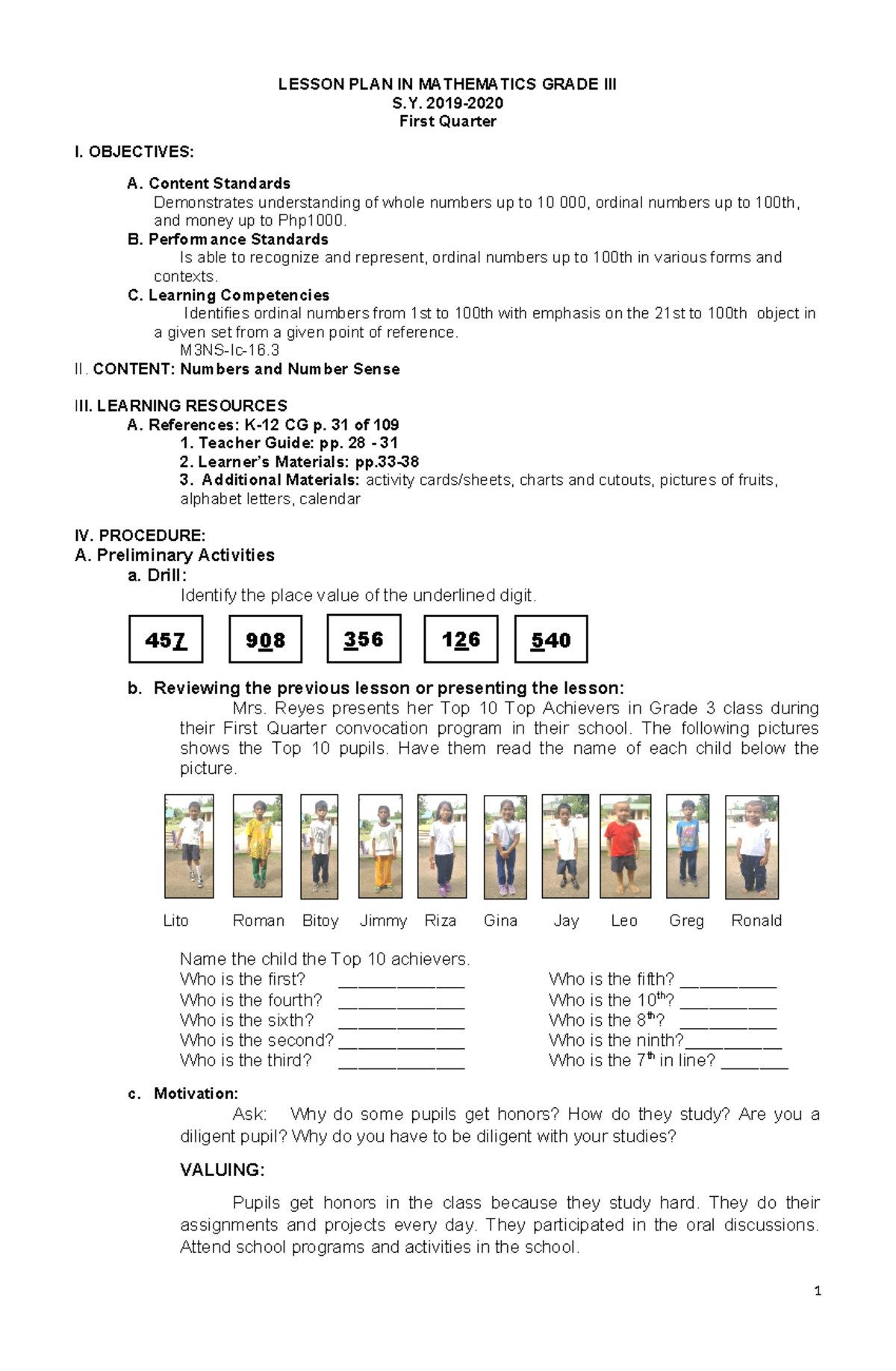 450309104 Lesson plan in Math 3 COT first quarter - LESSON PLAN IN ...