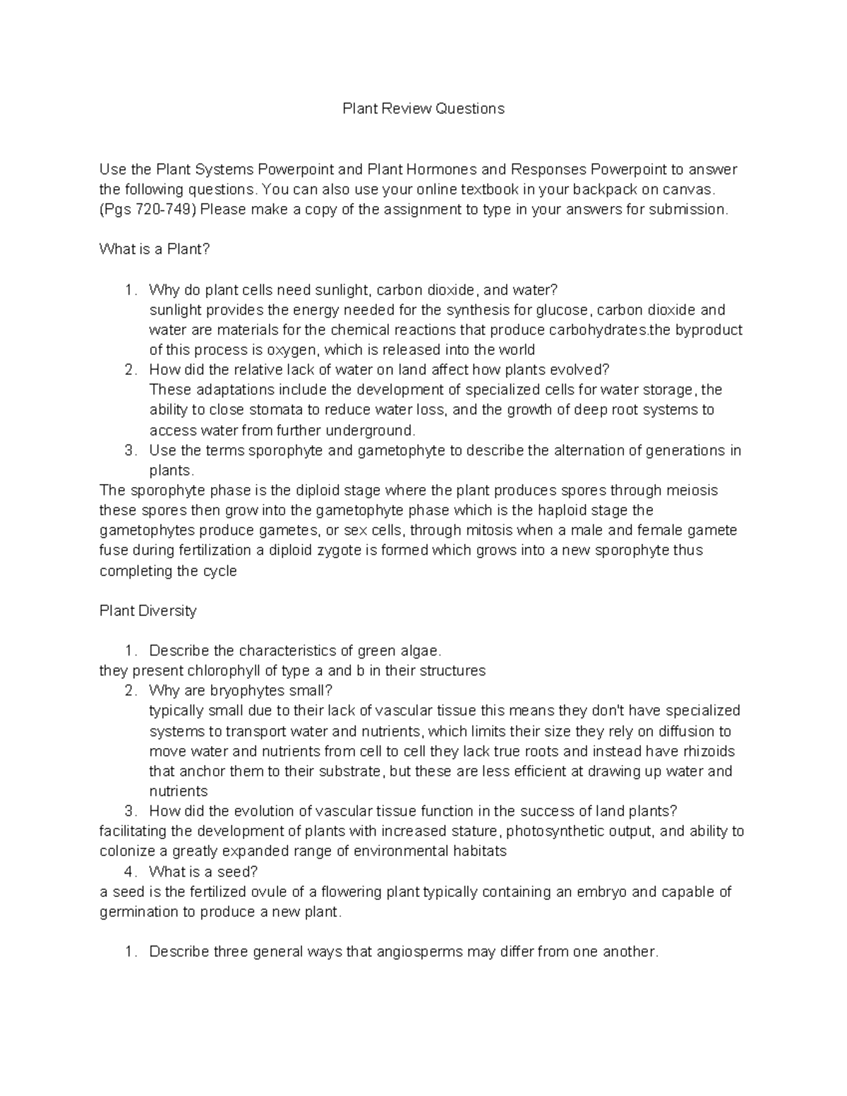 Copy of Plant Review Questions - Plant Review Questions Use the Plant ...