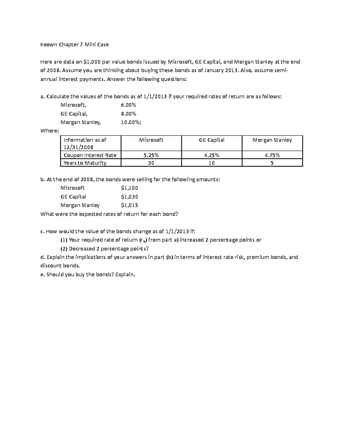Week 4 Keown Text Chapter 7 Mini Case - Keown Chapter 7 Mini Case Here ...