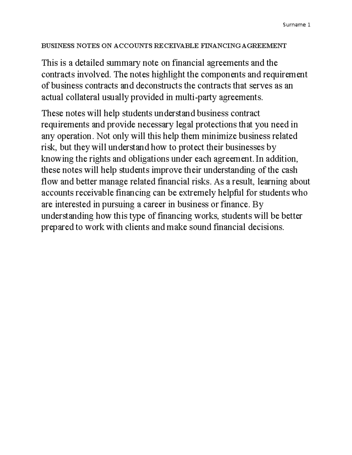 Business Notes ON Accounts Receivable Financing Agreement - BUSINESS ...