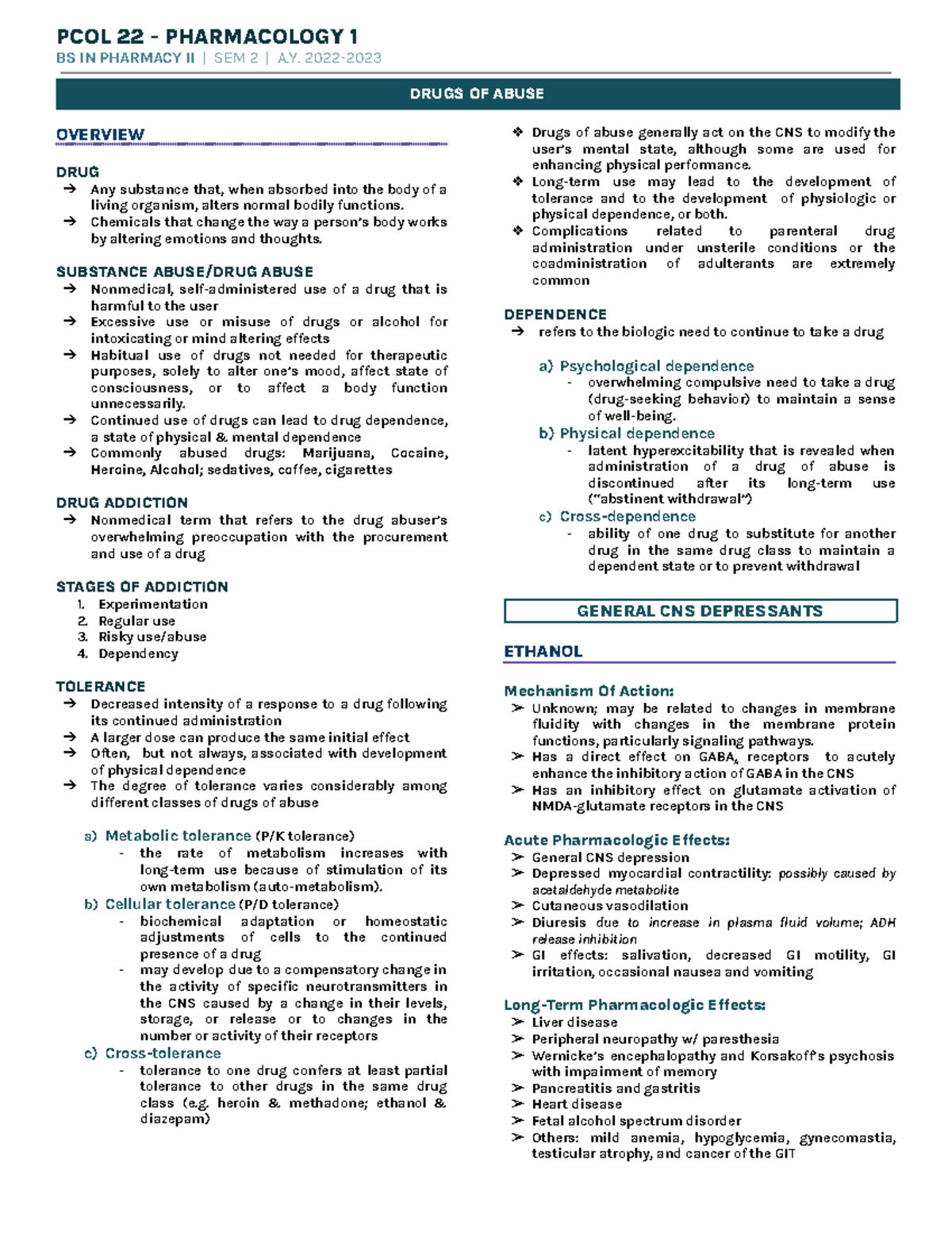 PCOL Finals Drugs of Abuse - PCOL 22 - PHARMACOLOGY 1 BS IN PHARMACY II | SEM 2 | A. 2022- DRUGS ...