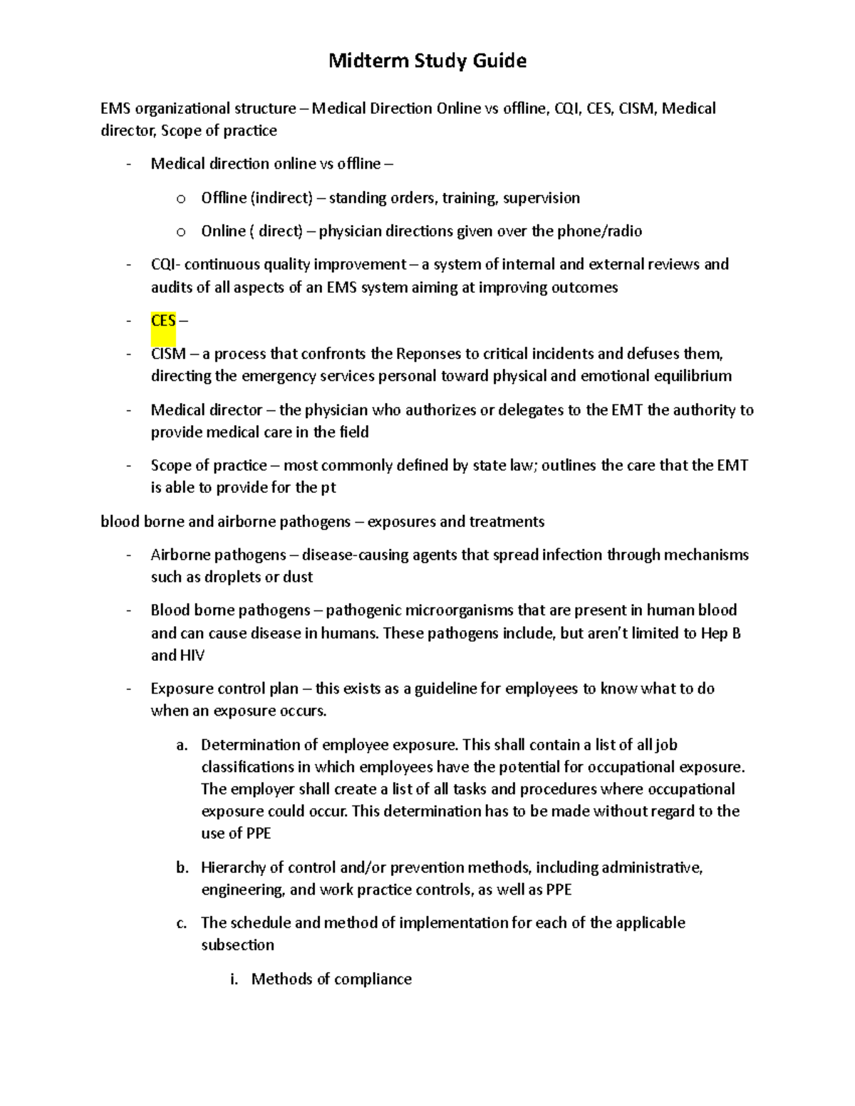 Midterm study guide 2022 - EMS organiza,onal structure – Medical Direc,on Online vs offline, CQI ...
