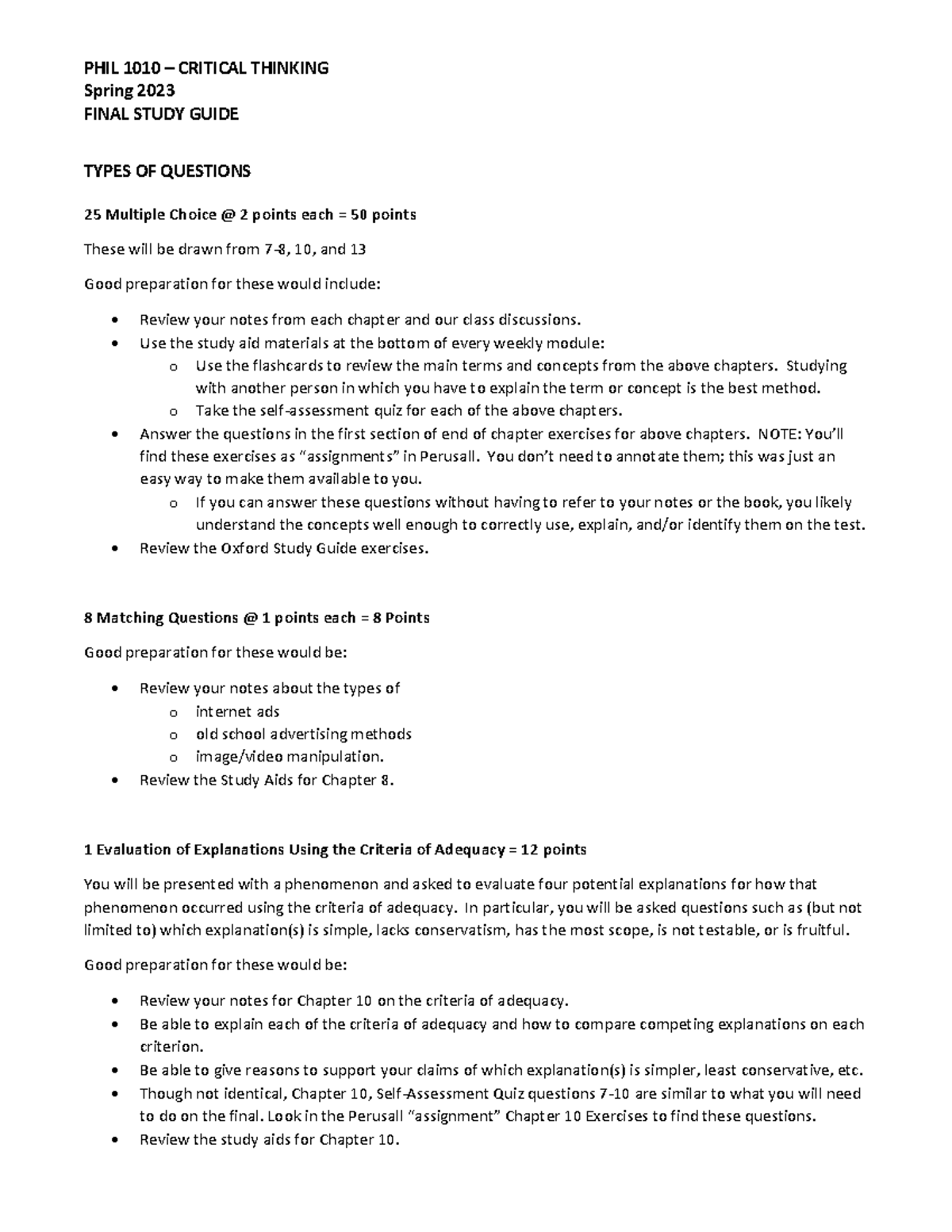 Final Study Guide (Spring 2023) - PHIL 1010 – CRITICAL THINKING Spring ... Final Study Guide (Spring 2023) - PHIL 1010 – CRITICAL THINKING Spring ...