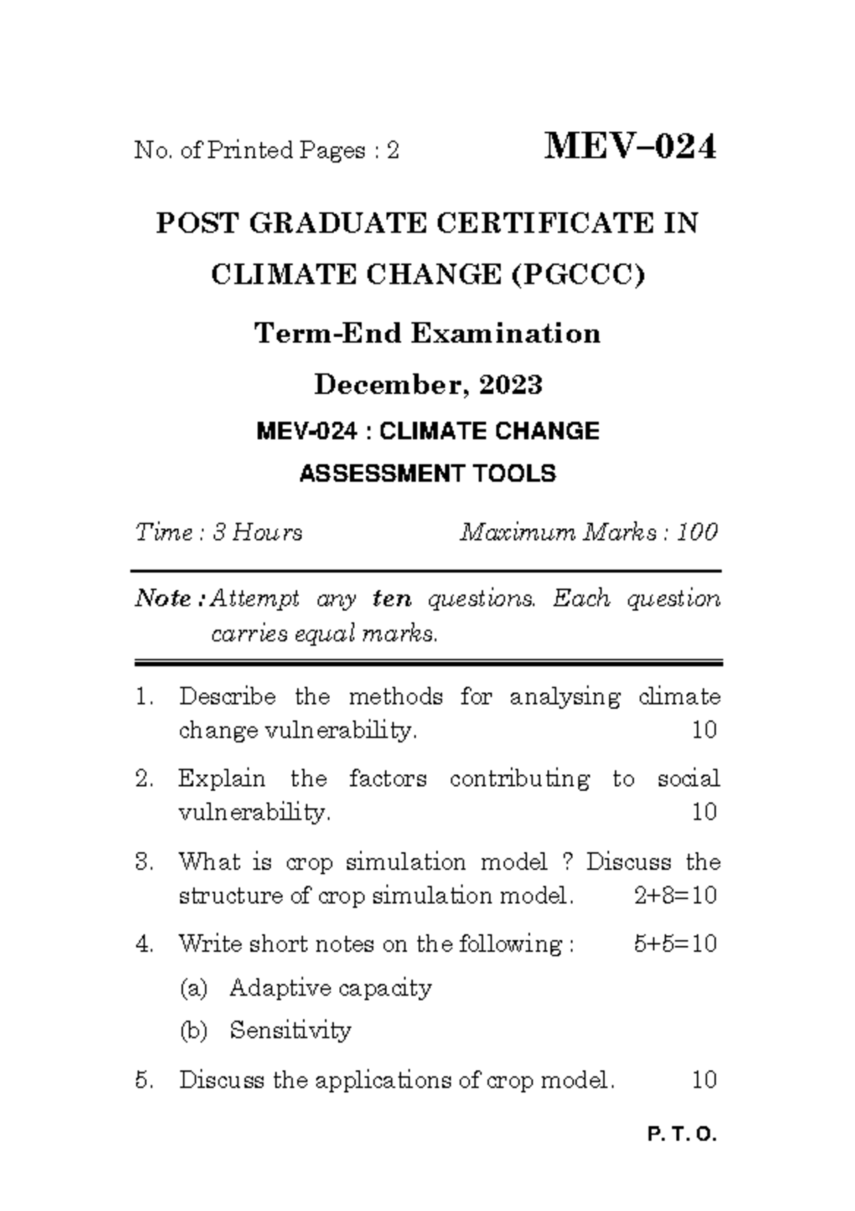 MEV-024 - enviorment - P. T. O. No. of Printed Pages : 2 MEV– 024 POST ...