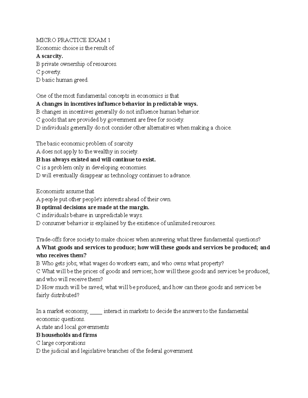 Micro Practice Questions for Exam 1 - MICRO PRACTICE EXAM 1 Economic ...