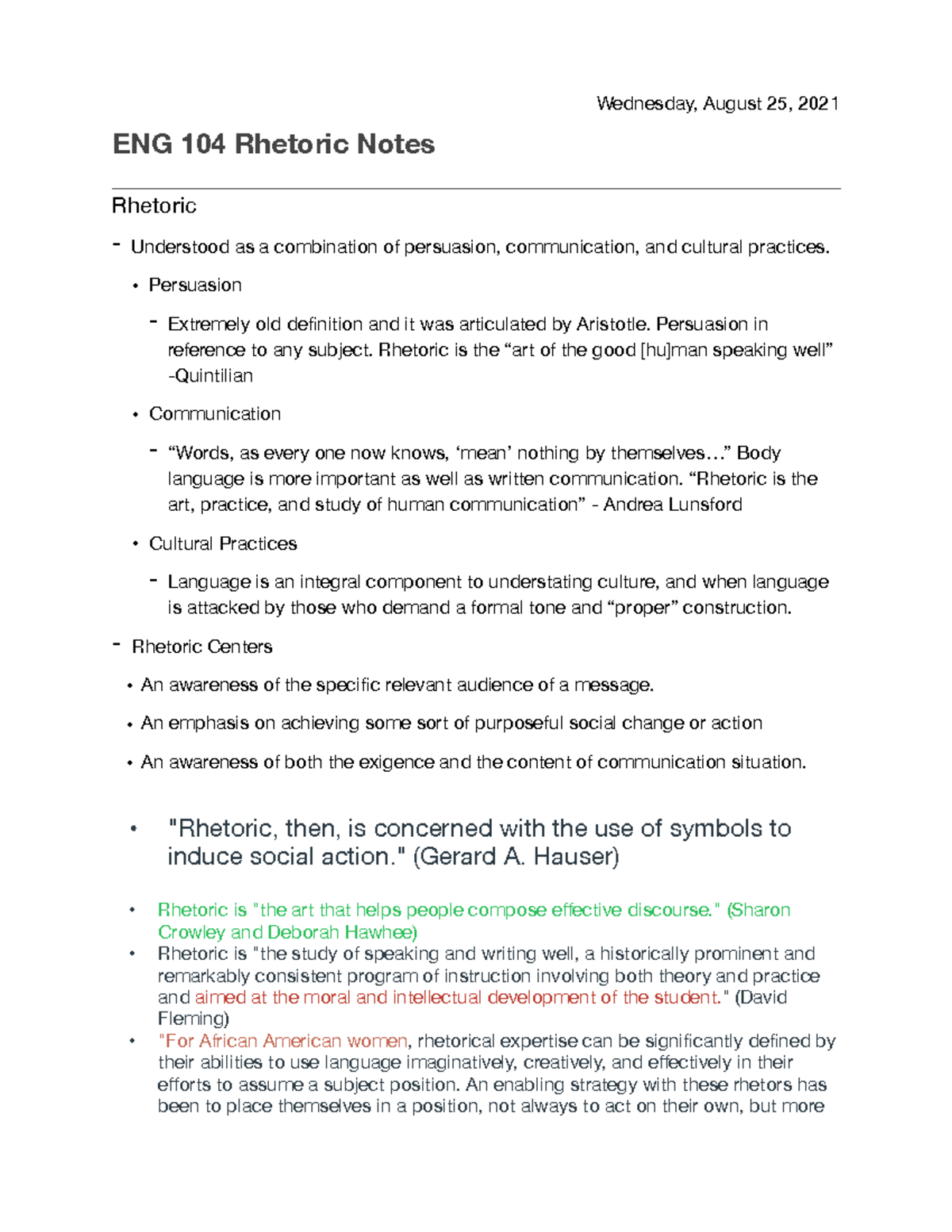 ENG104 Notes 08:25 - What rhetoric is in writing - Wednesday, August 25 ...
