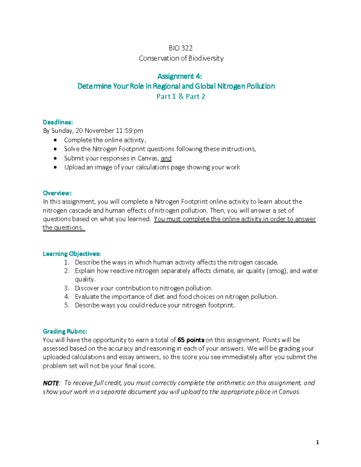 Assignment 4- Instructions - BIO 322 Conservation of Biodiversity ...