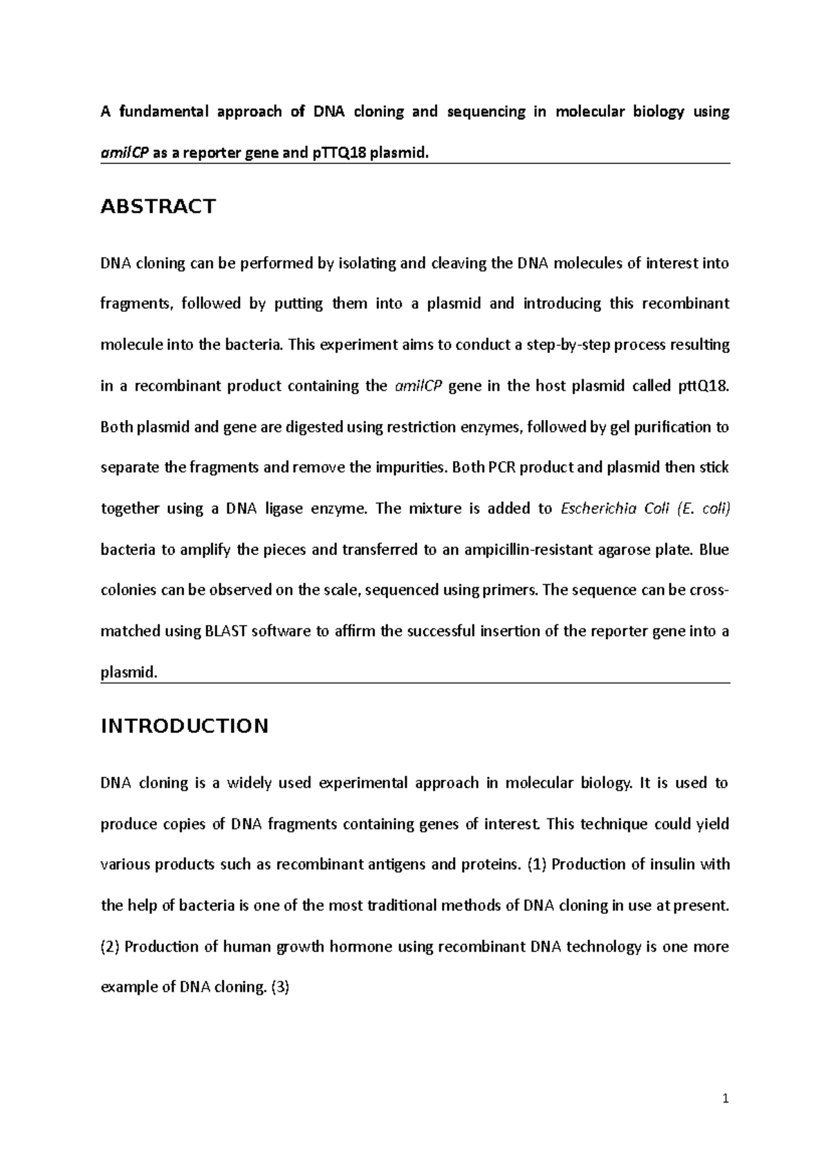 Practical 1 Report - A fundamental approach of DNA cloning and ...