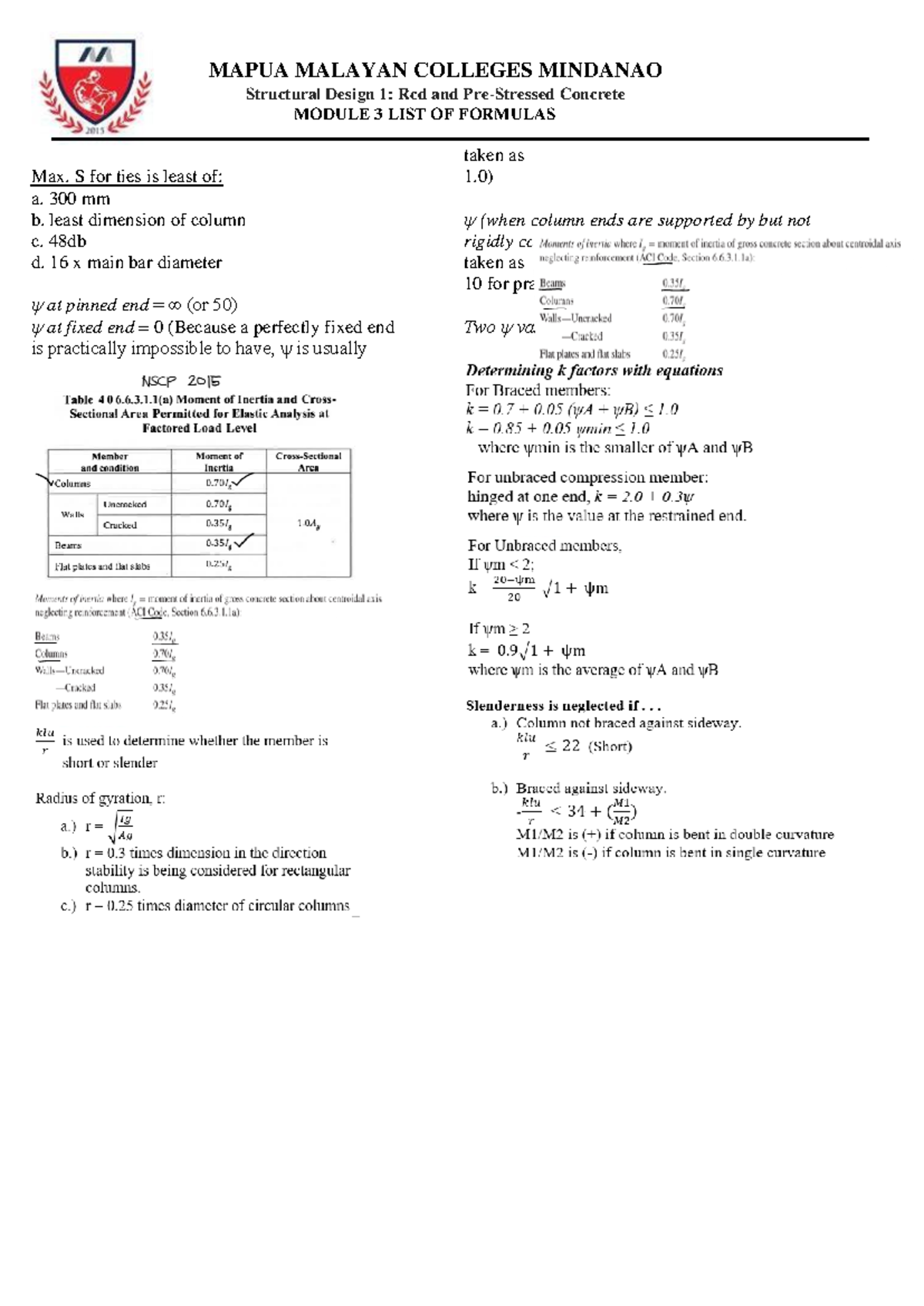 RCD M3 Formulas - MAPUA MALAYAN COLLEGES MINDANAO Structural Design 1 ...