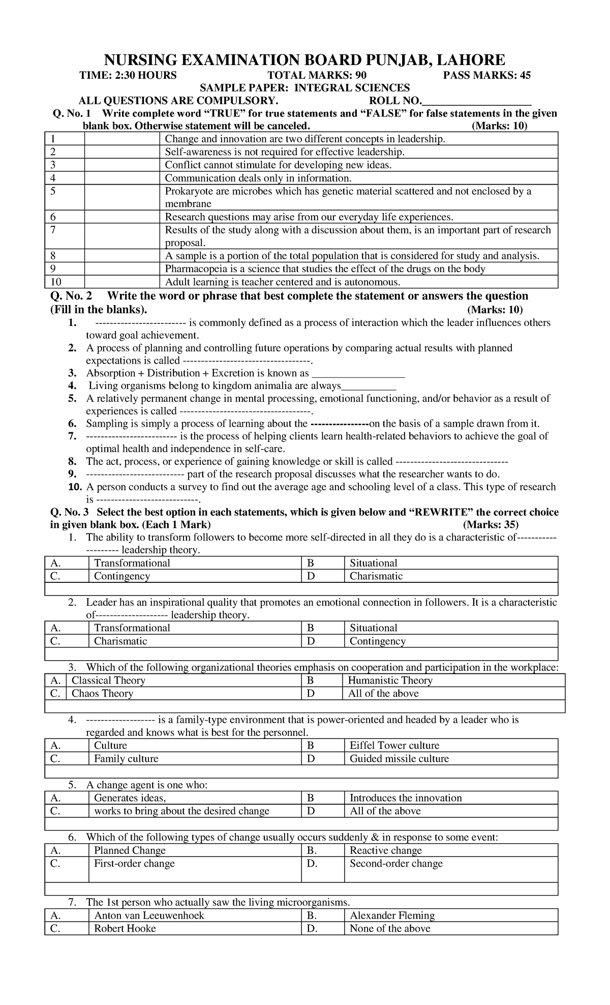 Integral sciences paper for post basic - NURSING EXAMINATION BOARD ...