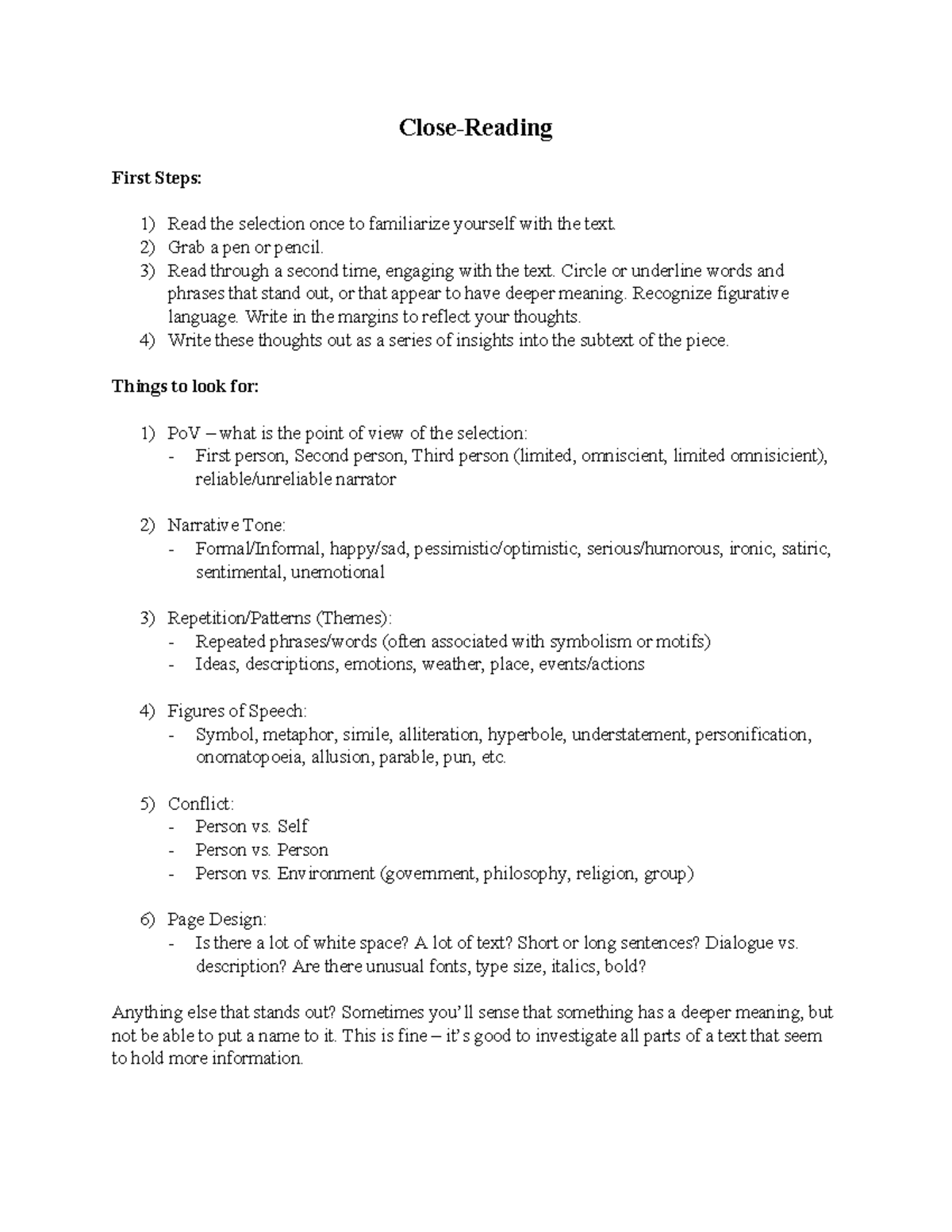 Close Reading - Close-Reading First Steps: 1) Read the selection once ...