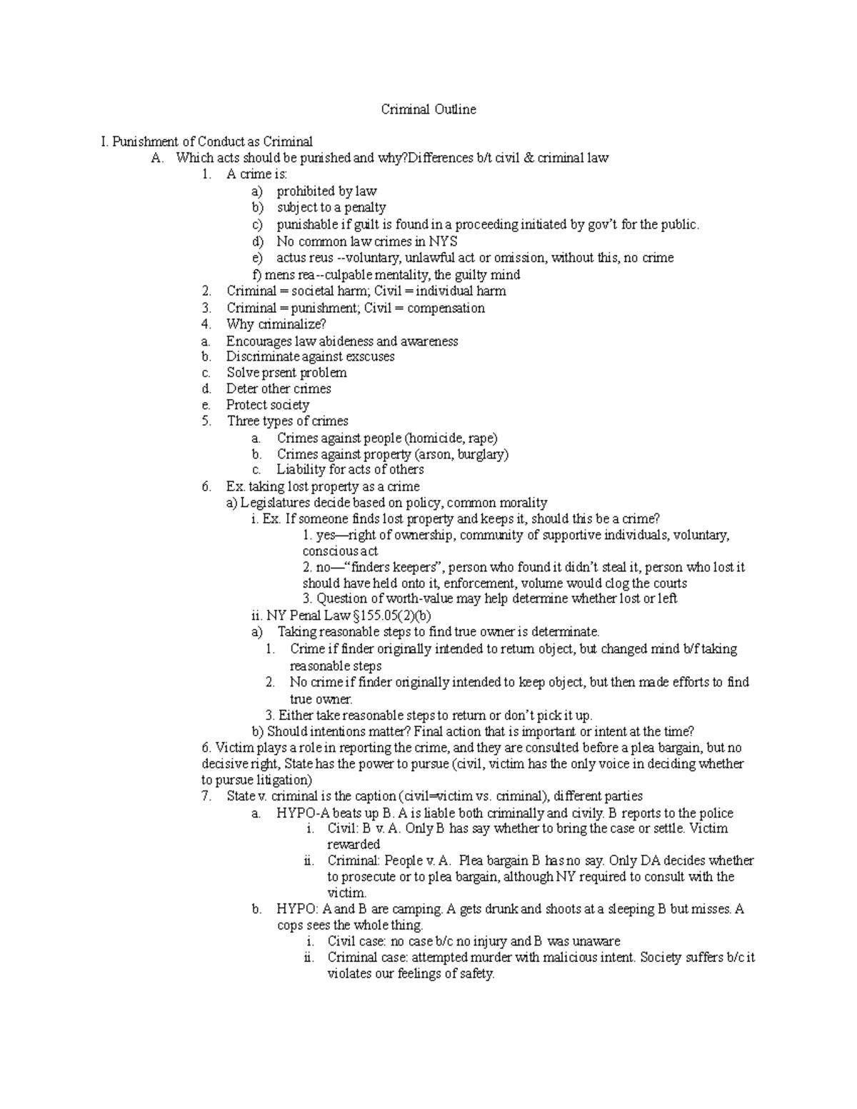 Criminal Law Outline 3 - Criminal Outline I. Punishment of Conduct as ...
