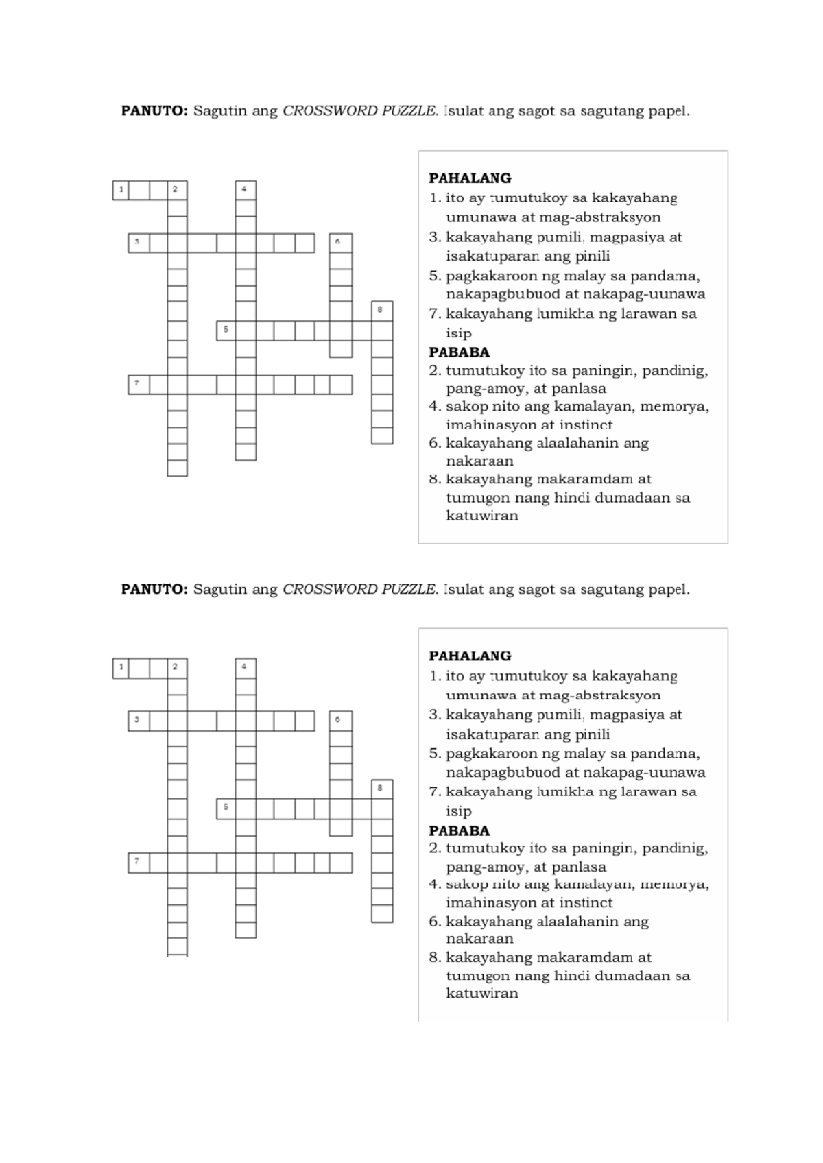 Puzzle quiz - PANUTO: Sagutin ang CROSSWORD PUZZLE. Isulat ang sagot sa ...