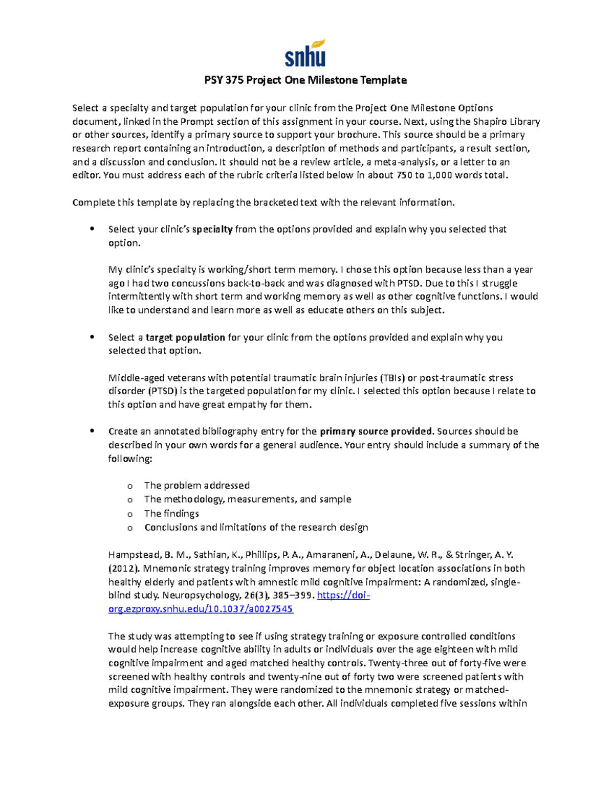 PSY 375 Project One Milestone Template (2) - PSY 375 Project One ...