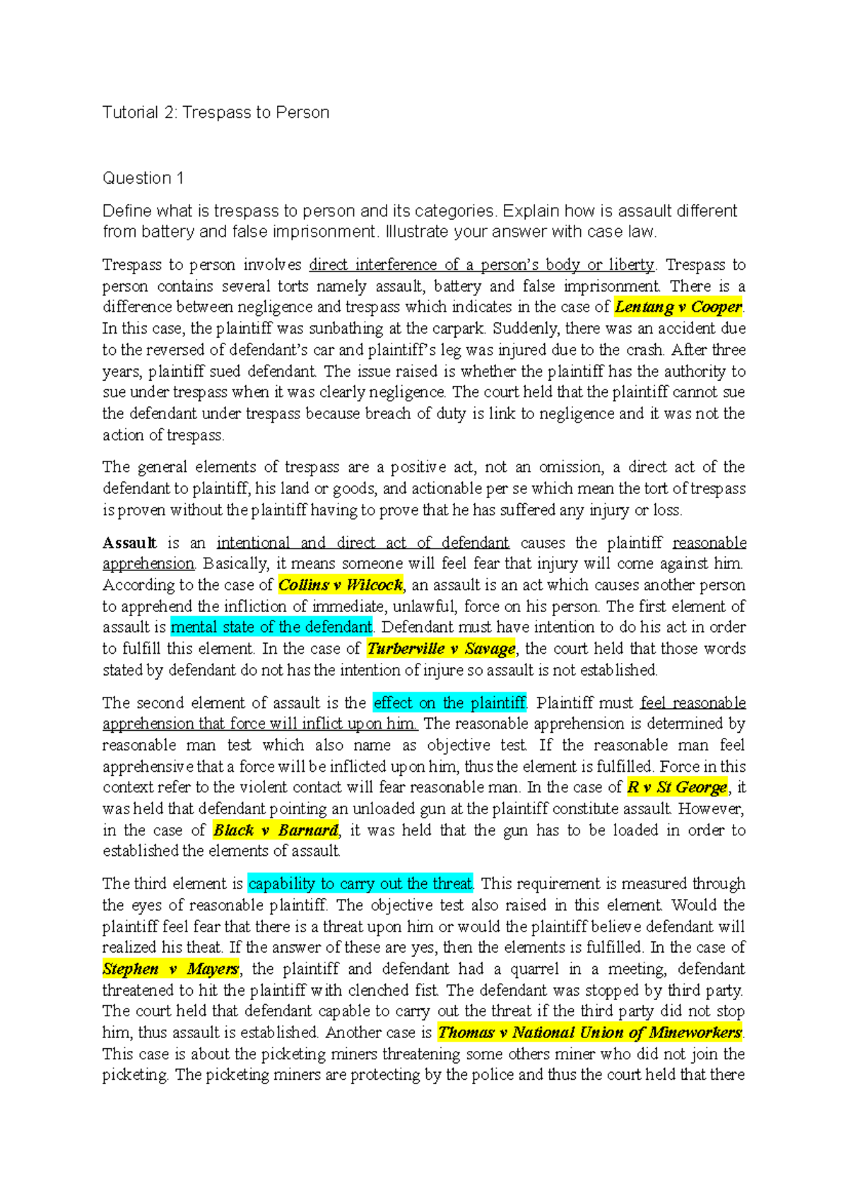 381271 Tutorial 2 - Trespass to Person - Tutorial 2: Trespass to Person ...