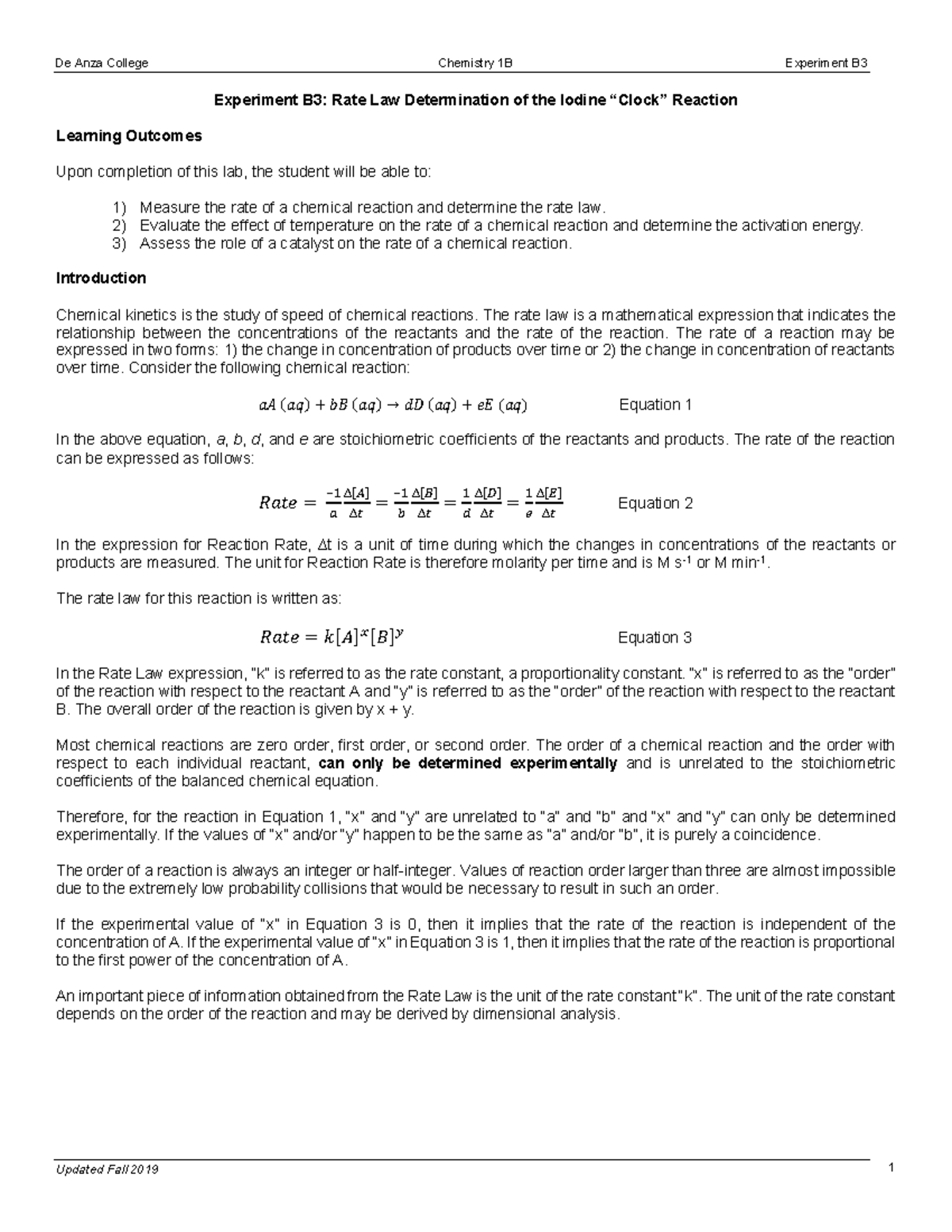 Kinetics Lab - Experiment B3: Rate Law Determination of the Iodine ...