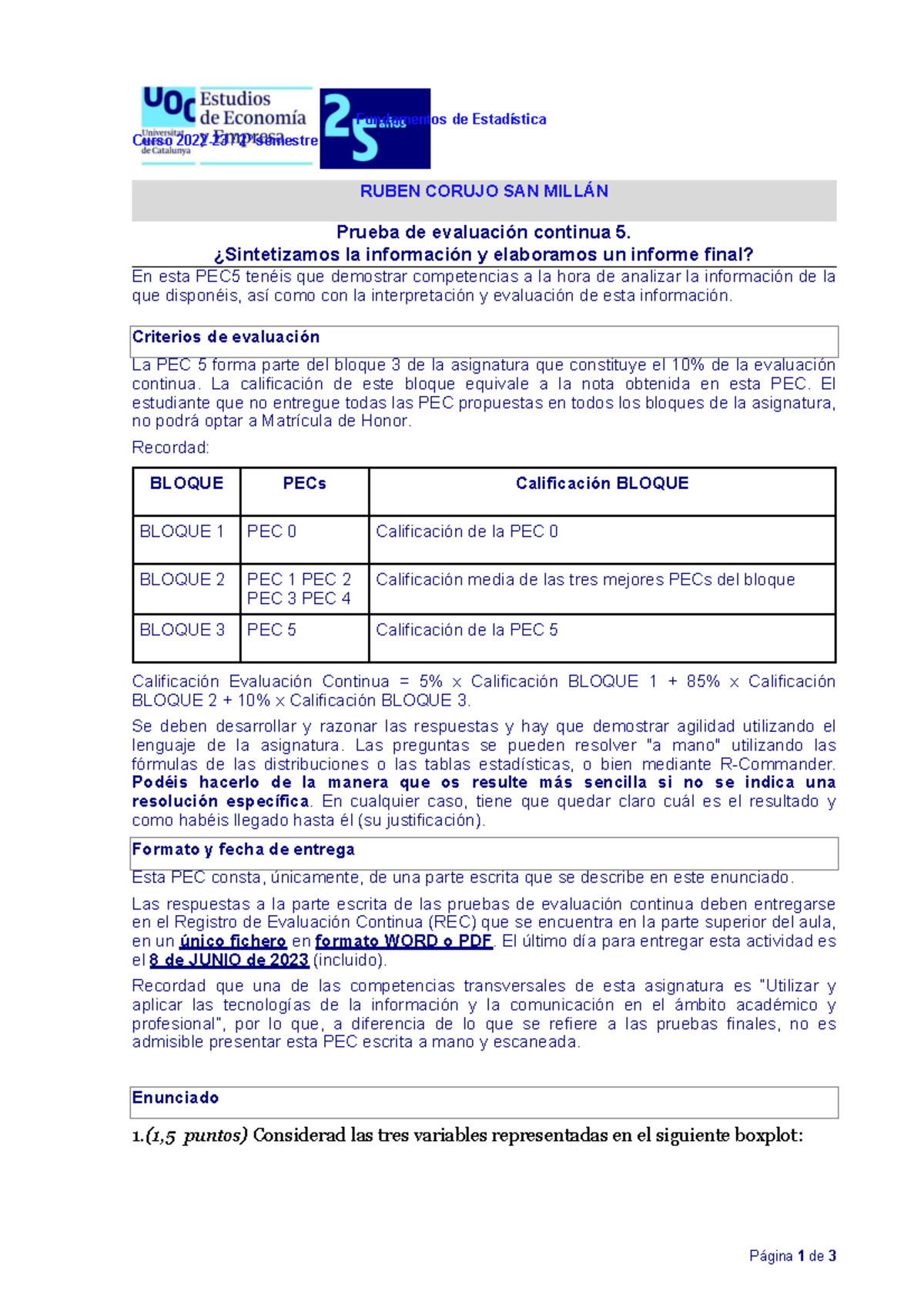 PEC5 Estadistica - Fundamentos de Estadística - UOC - Studocu