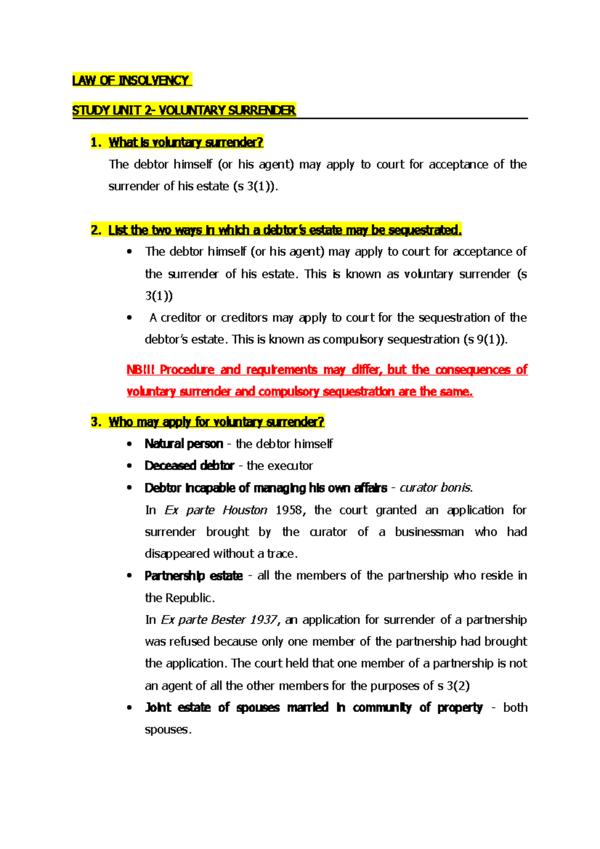 SU 2 Voluntary Surrender - LAW OF INSOLVENCY STUDY UNIT 2 - VOLUNTARY ...