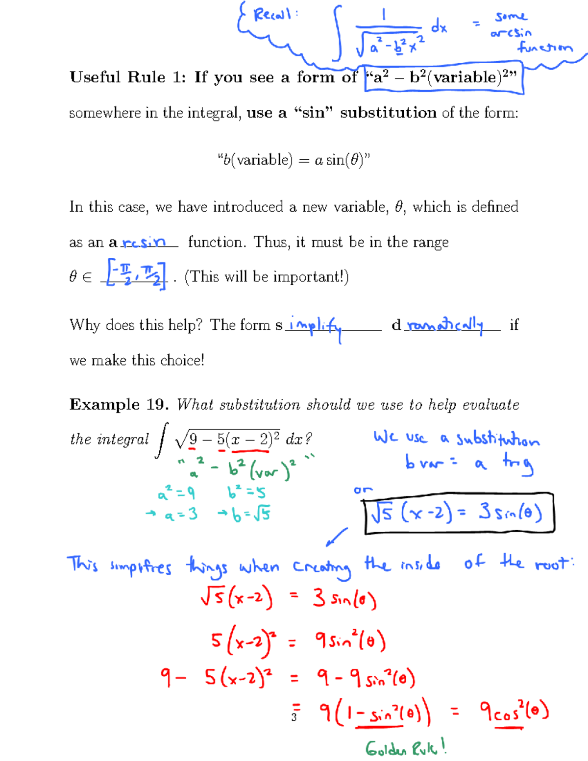 Lecture 13 - Trig Substitutions (Most of the first Example) - Useful ...
