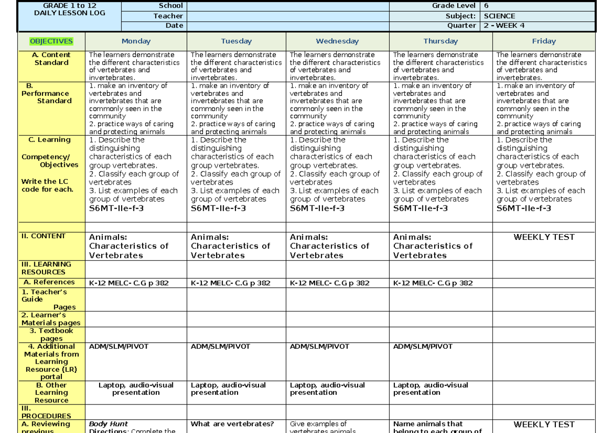 WEEK4-dll- Science - DAILY LESSON LOG - GRADE 1 to 12 DAILY LESSON LOG School Grade Level 6 ...