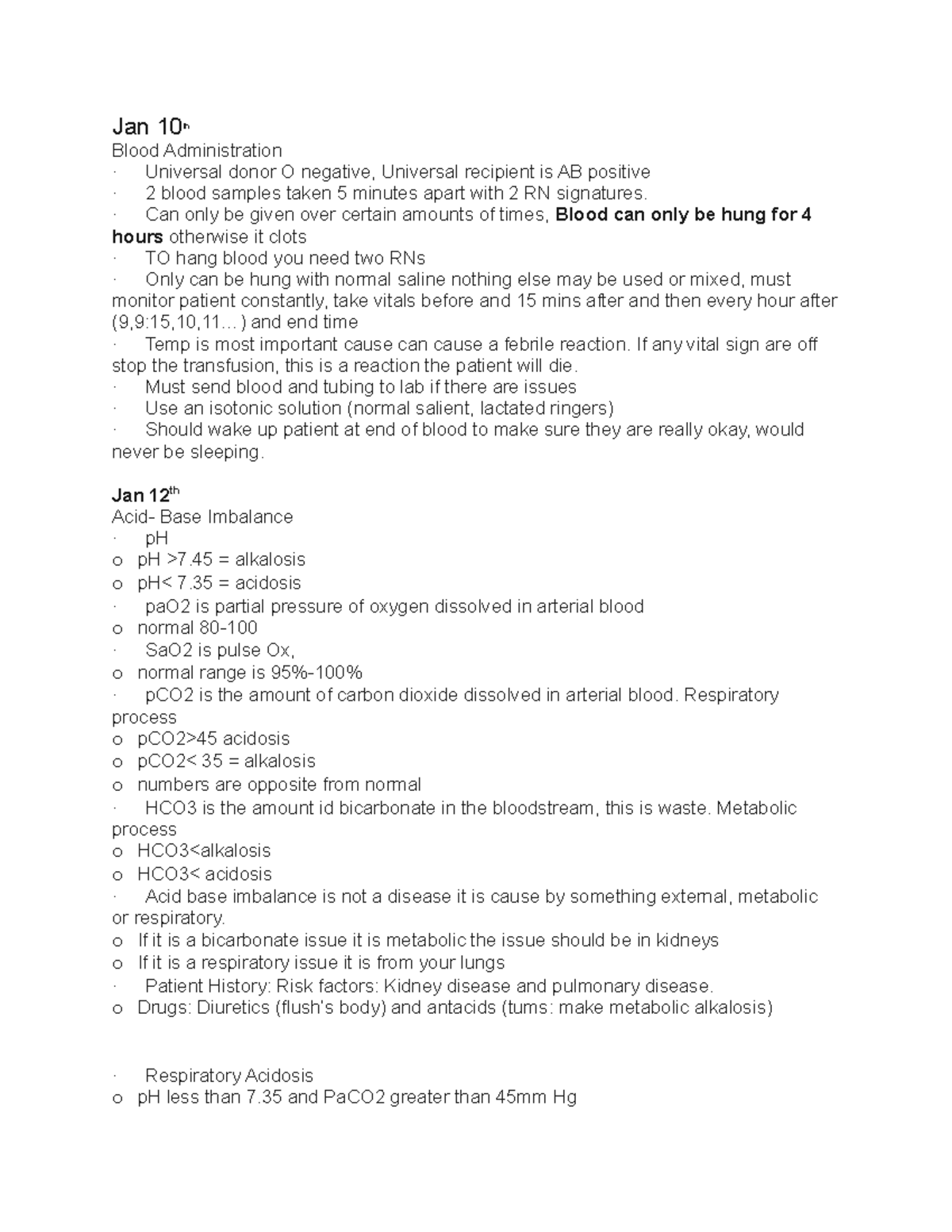 Adult health Notes - Jan 10th Blood Administration · Universal donor O ...