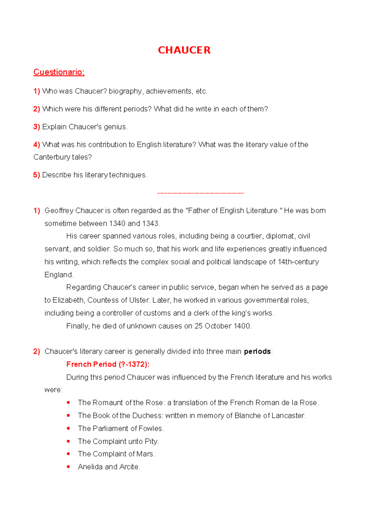 Chaucer - lol - CHAUCER Cuestionario: Who was Chaucer? biography ...