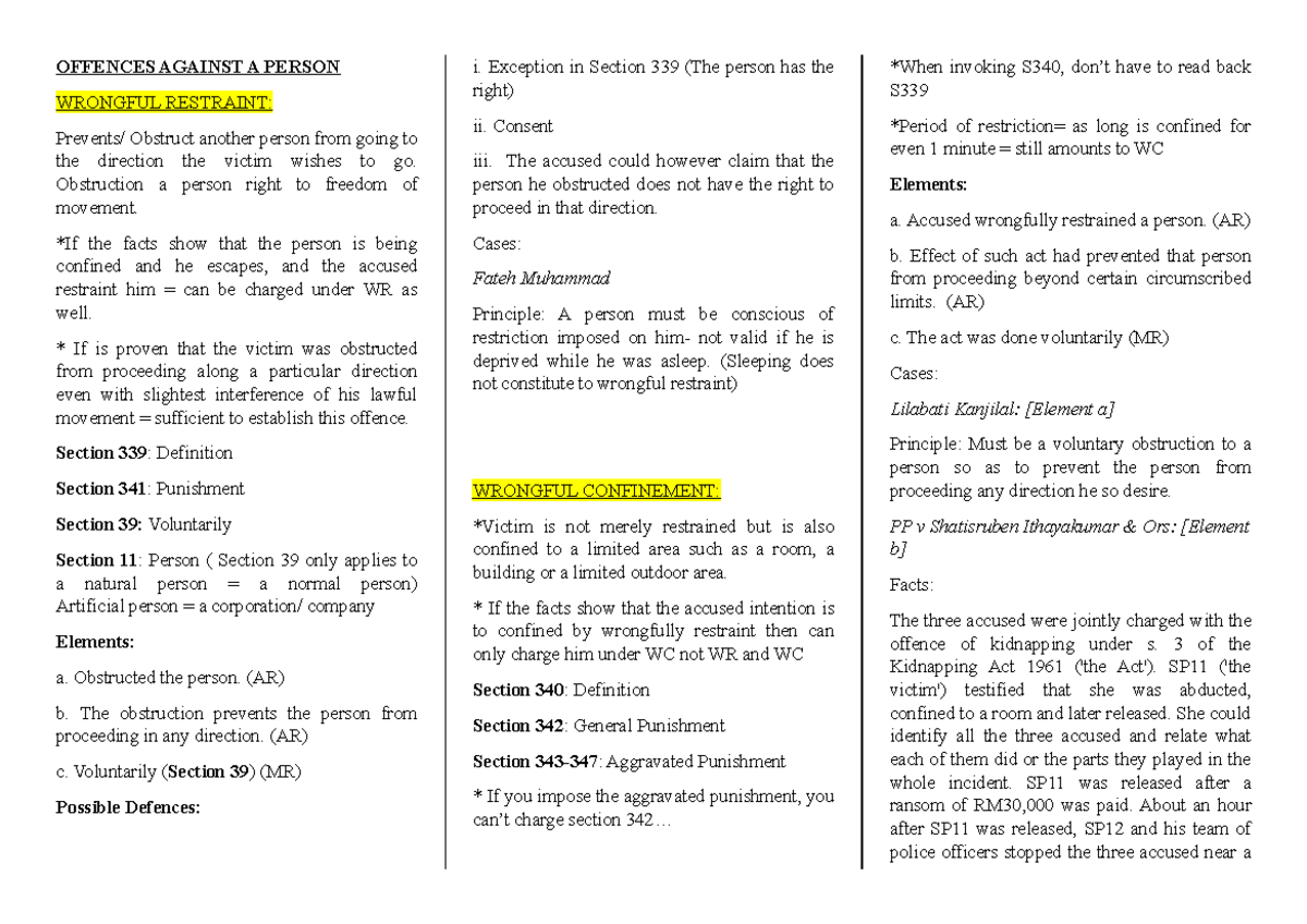 Offences Against A Person OFFENCES AGAINST A PERSON WRONGFUL