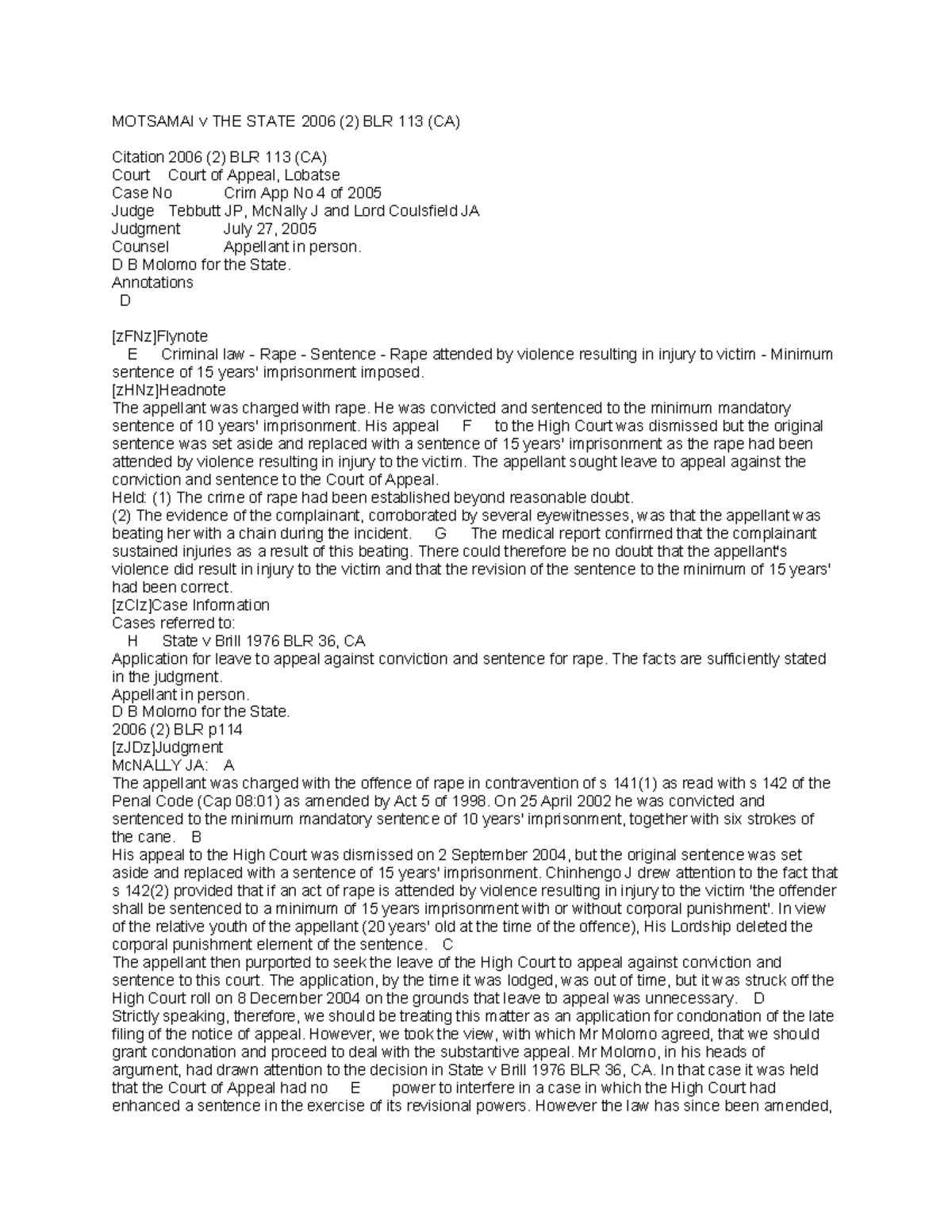 Motswamai v State-1 - Case law - MOTSAMAI v THE STATE 2006 (2) BLR 113 ...