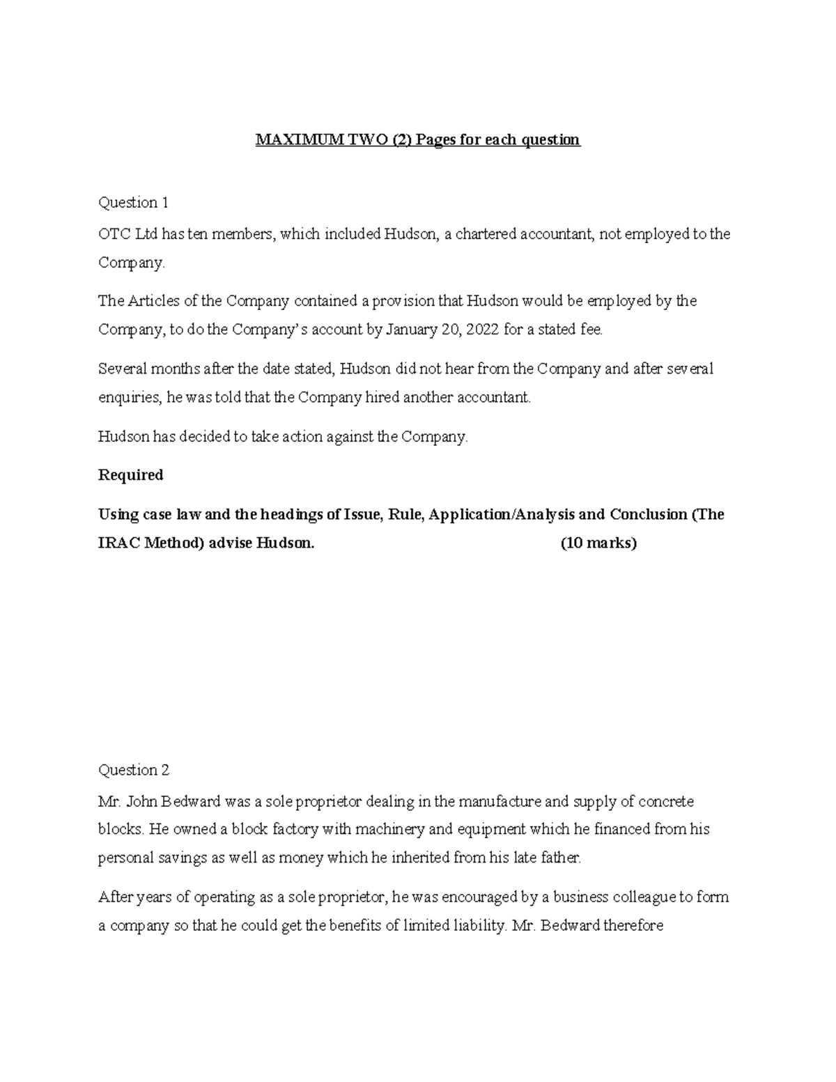 Group Assignment Law 400 Spring 2024 - MAXIMUM TWO (2) Pages for each ...