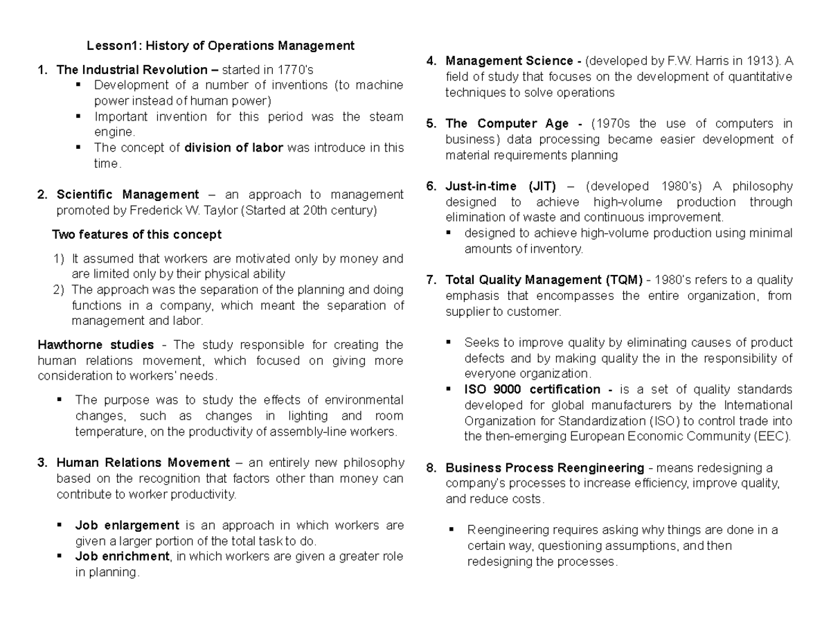 BMGT 25 - Lesson 1 - Lesson1: History of Operations Management The ...