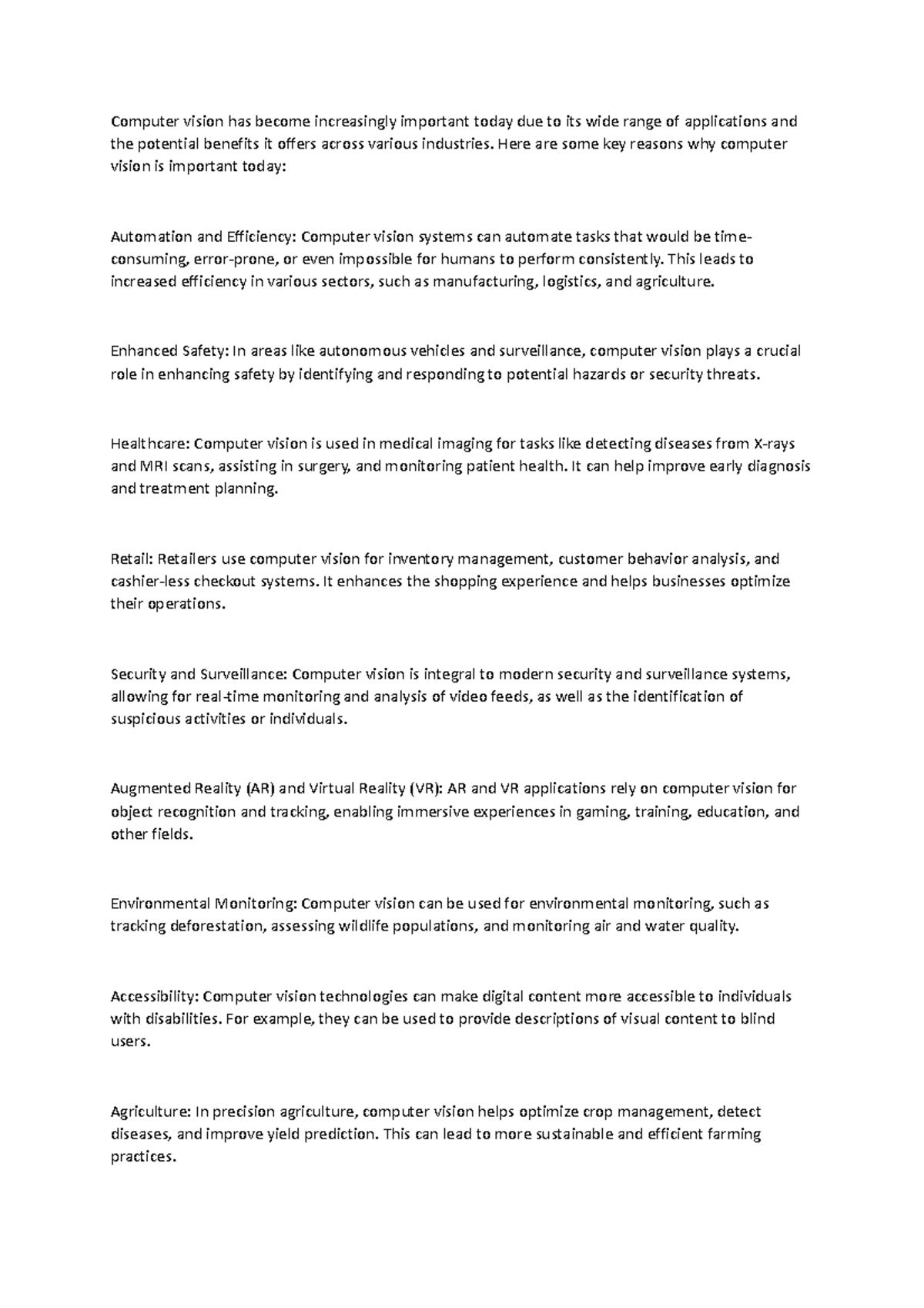 Cv2 - importance - Computer vision has become increasingly important today due to its wide range ...