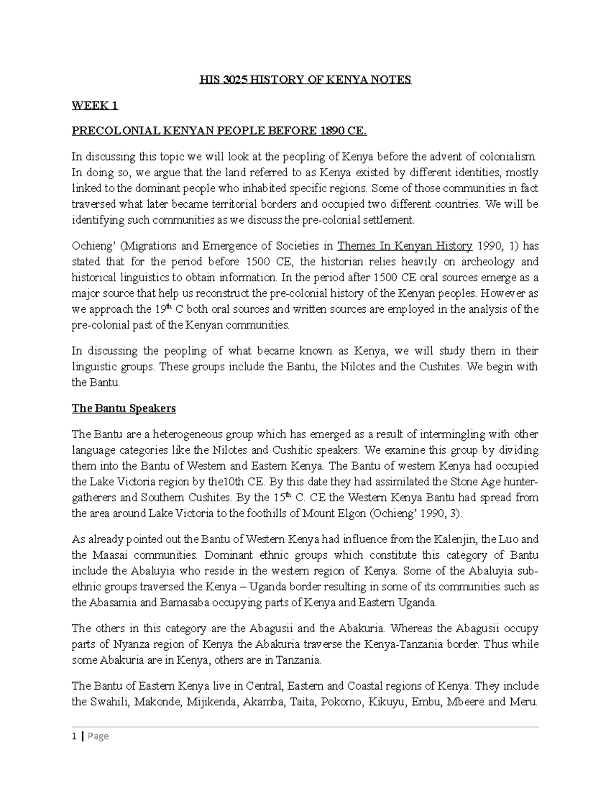 HIS 3025 Complete Notes - HIS 3025 HISTORY OF KENYA NOTES WEEK 1 ...