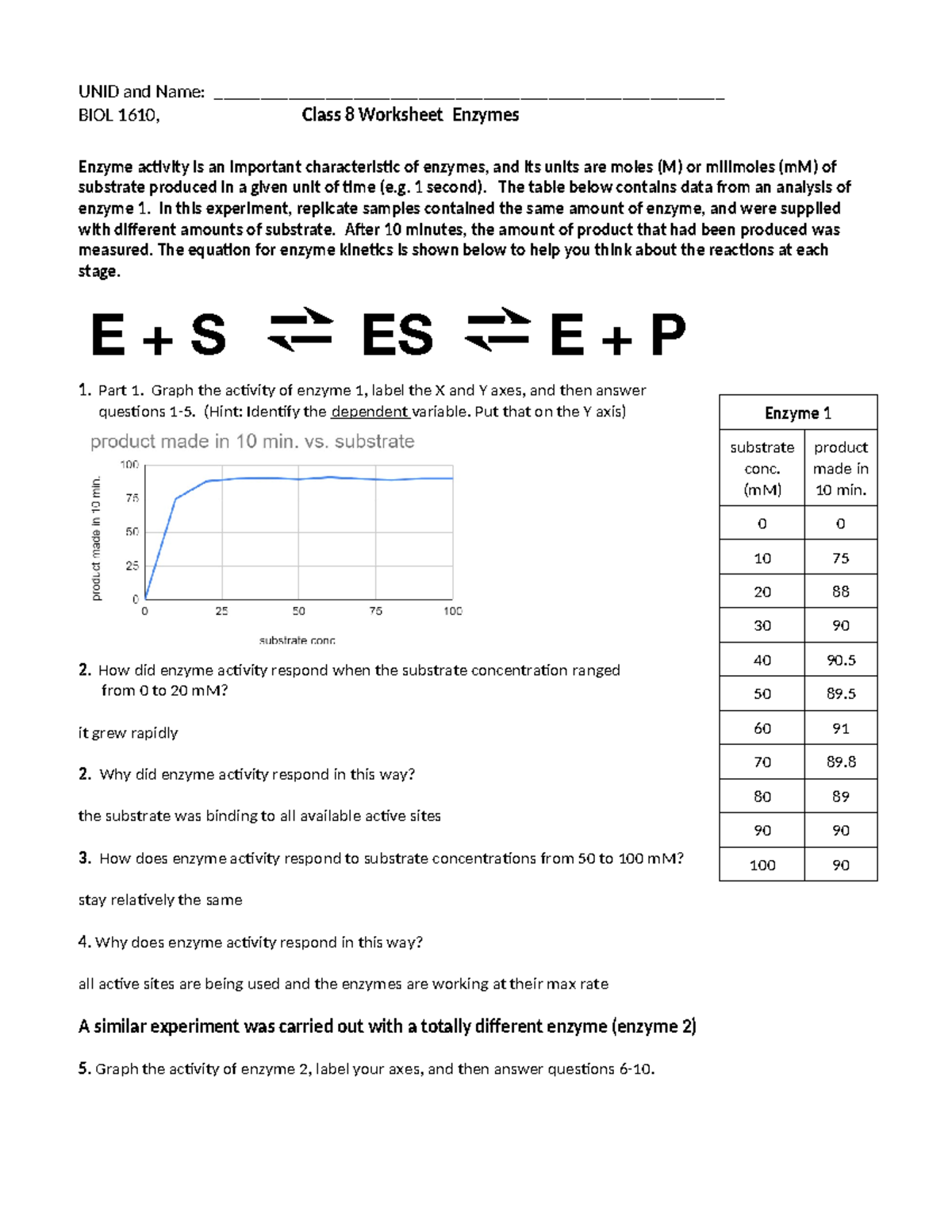 5-Worksheet 8 Enzymes Kinetics - UNID and Name: - Studocu